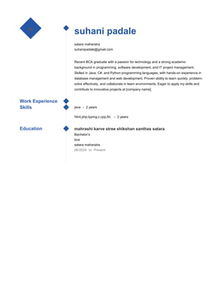 resume of suhani padale student of bca satara | PDF