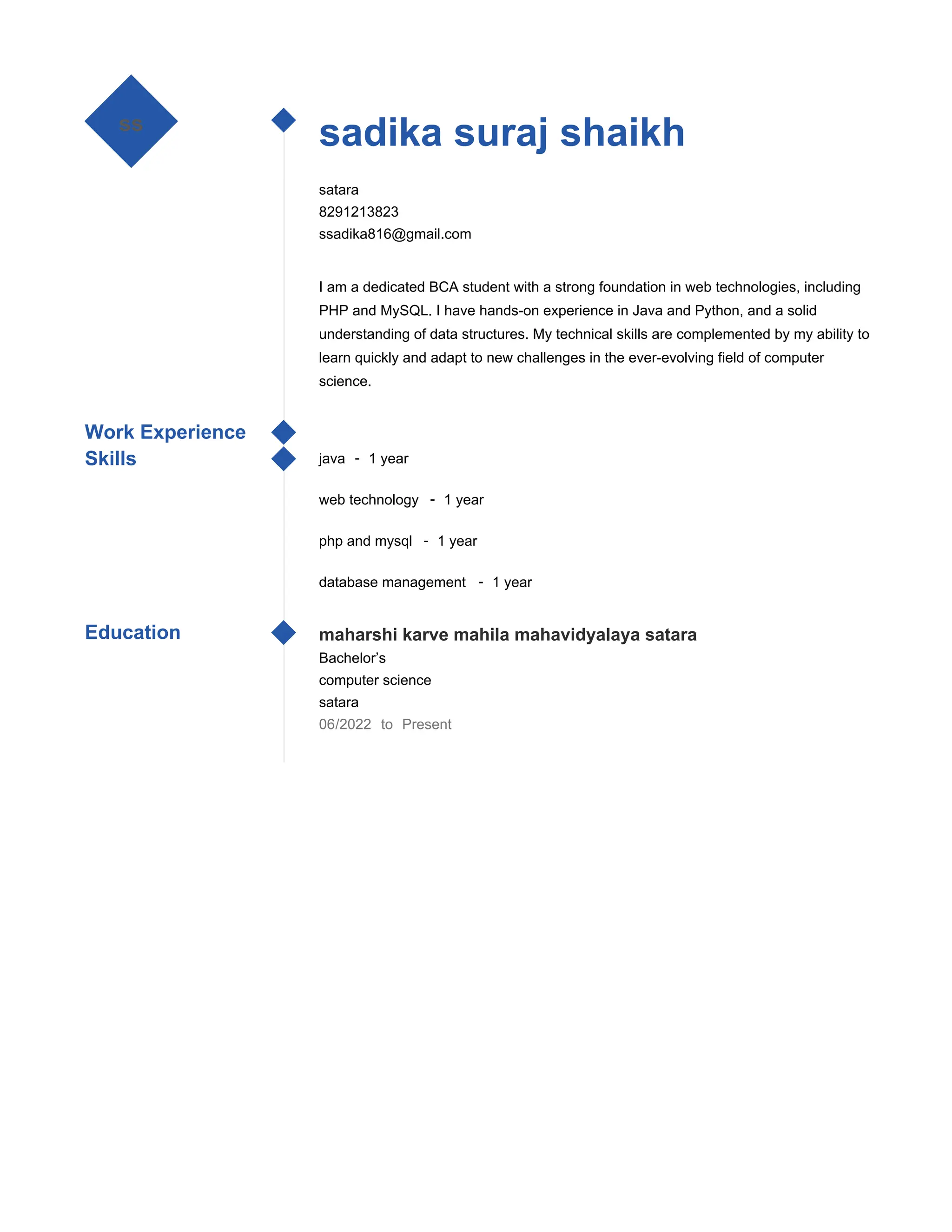 This resume for sadika shaikh bca student | PDF