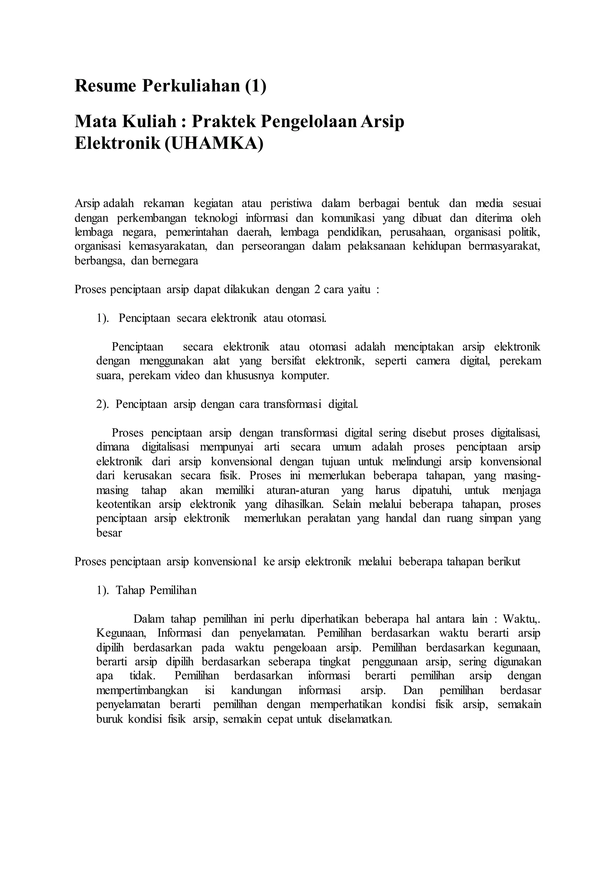 Resemu Perkuliahan Arsip Elektronik by Inggar Dewi Abi Hamyah | PDF