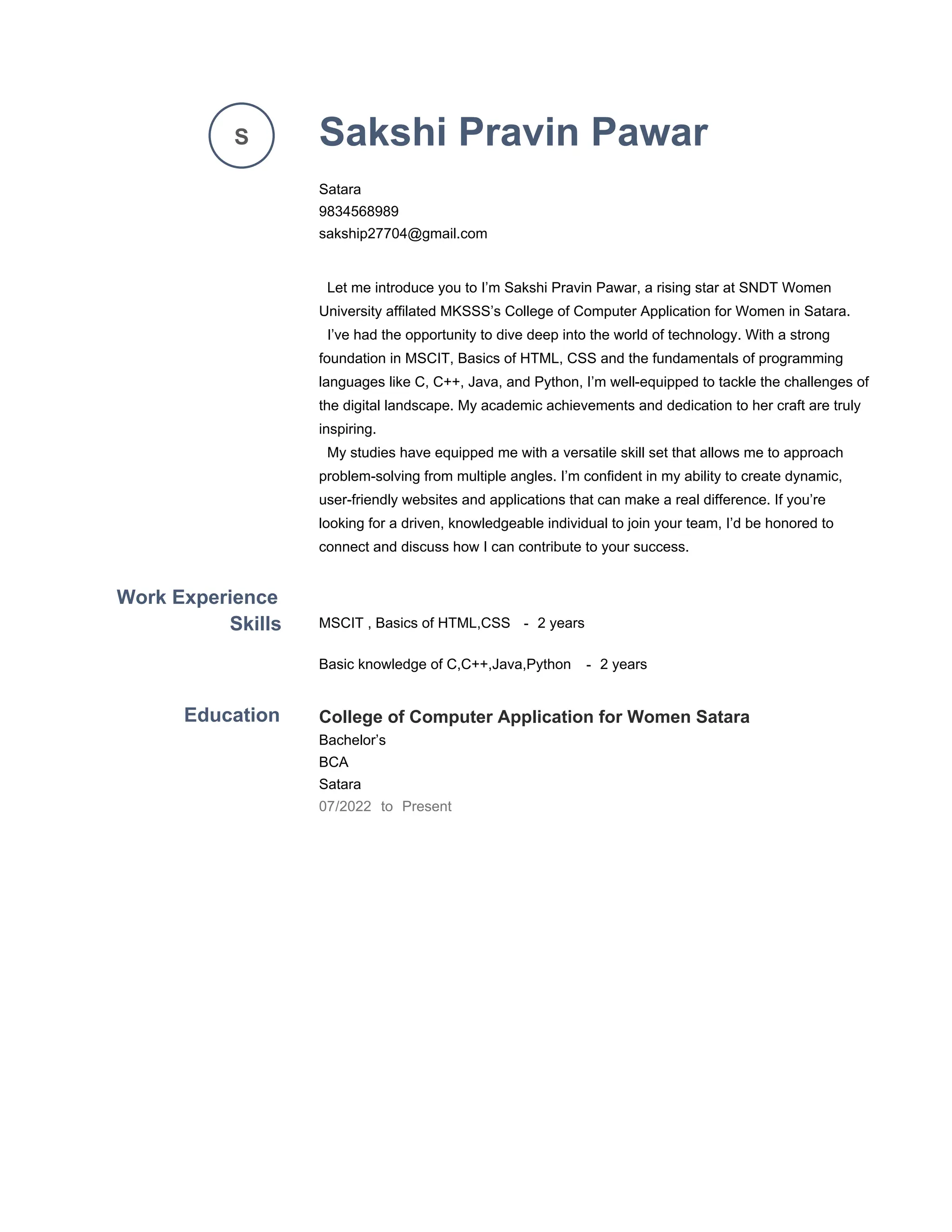 This resume for Sakshi Pravin Pawar .pdf | Programming Languages | Computing