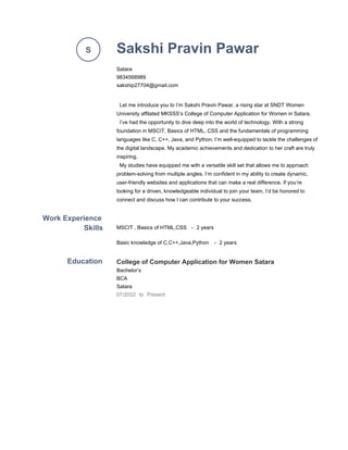 This resume for Sakshi Pravin Pawar .pdf | Programming Languages | Computing