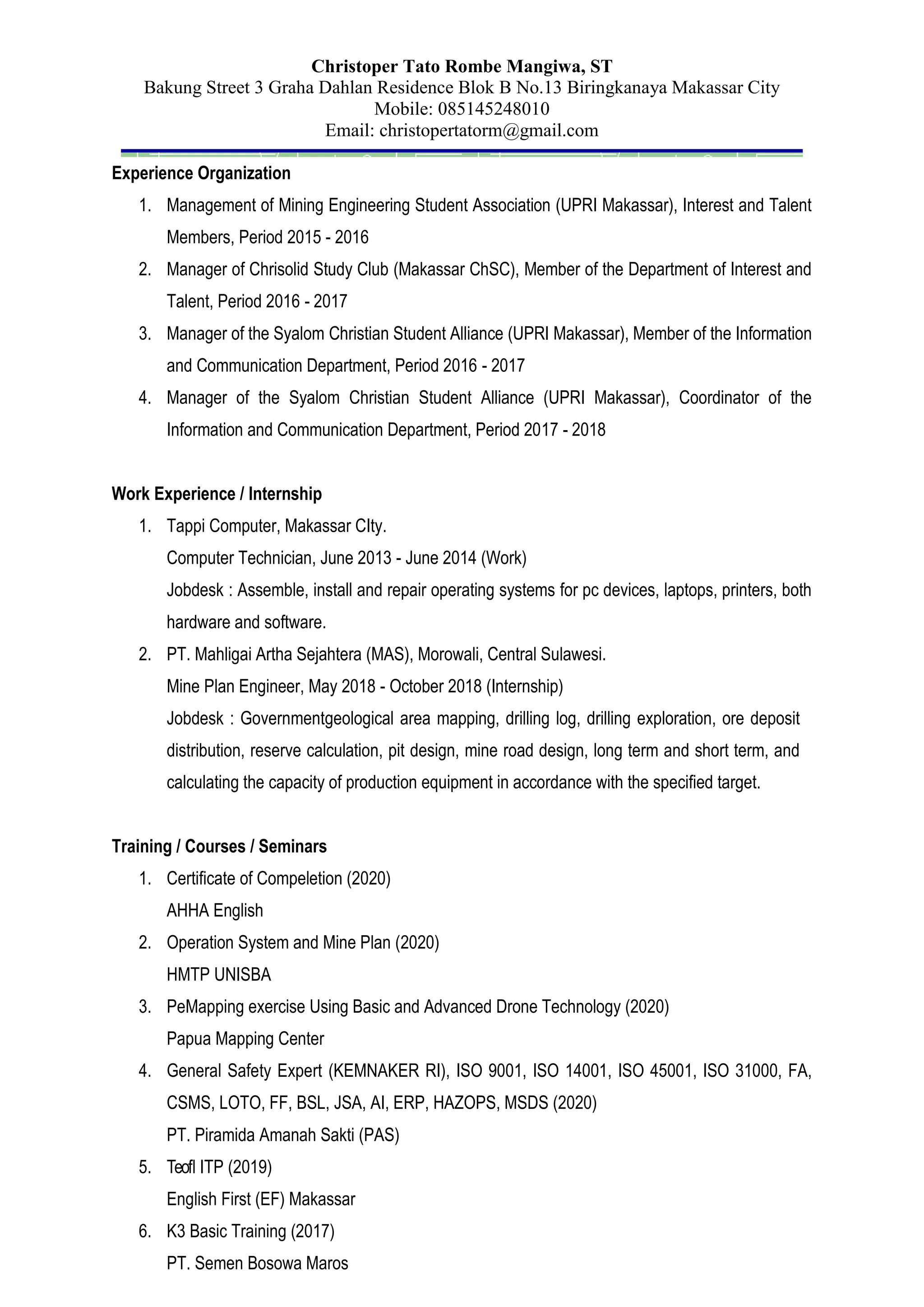 Resume 2020 - Christoper Tato Rombe Mangiwa | PDF