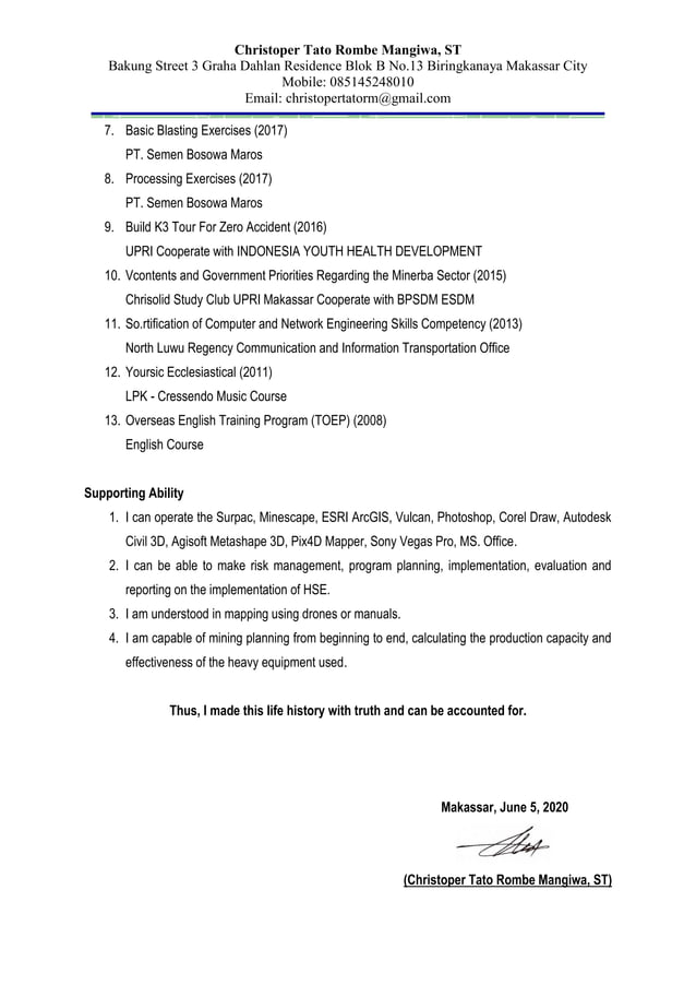 Resume 2020 - Christoper Tato Rombe Mangiwa | PDF