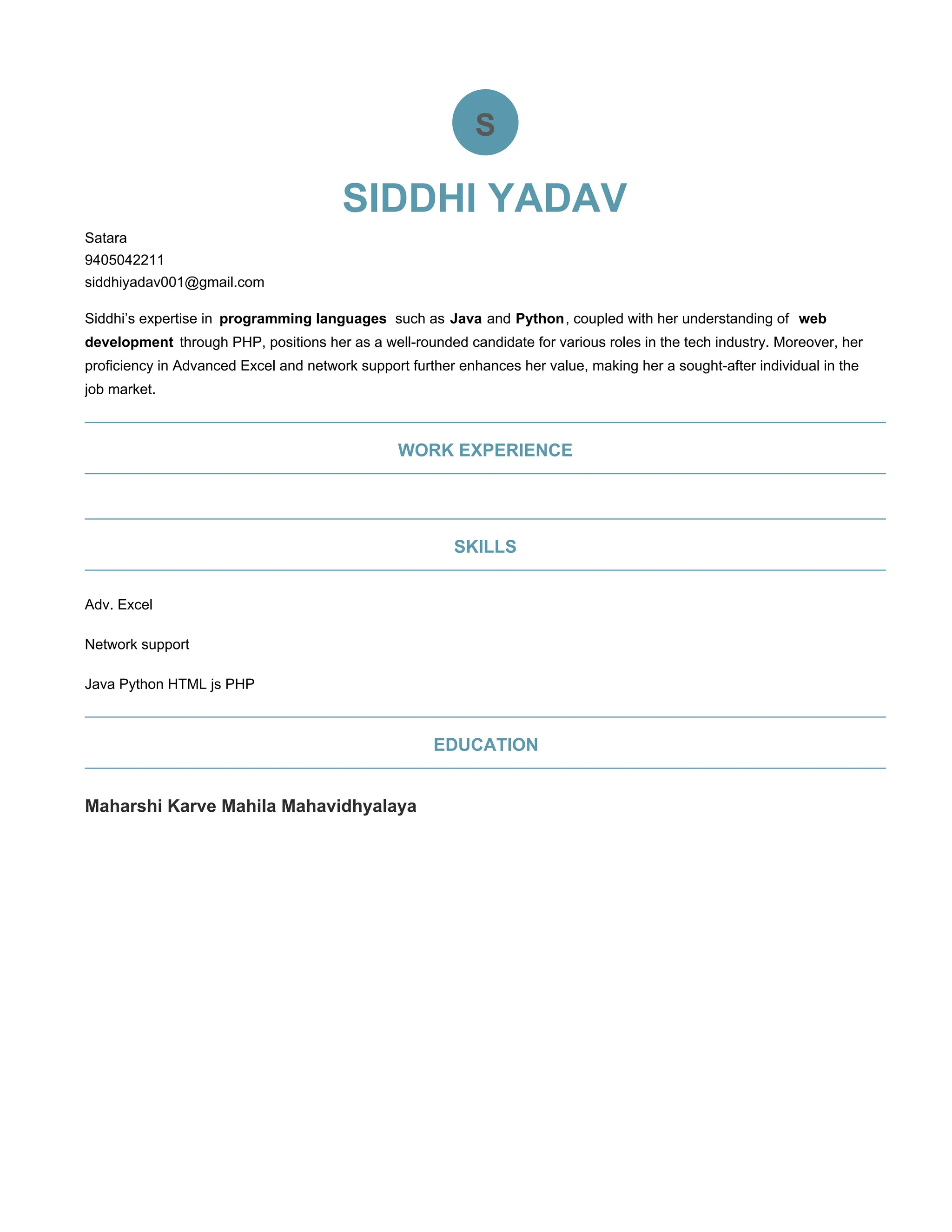 Siddhi Yadav - Aspiring Software Developer | BCA | Maharshi Karve Mahila Mahavidyala | PDF