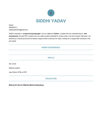 Siddhi Yadav - Aspiring Software Developer | BCA | Maharshi Karve Mahila Mahavidyala | PDF