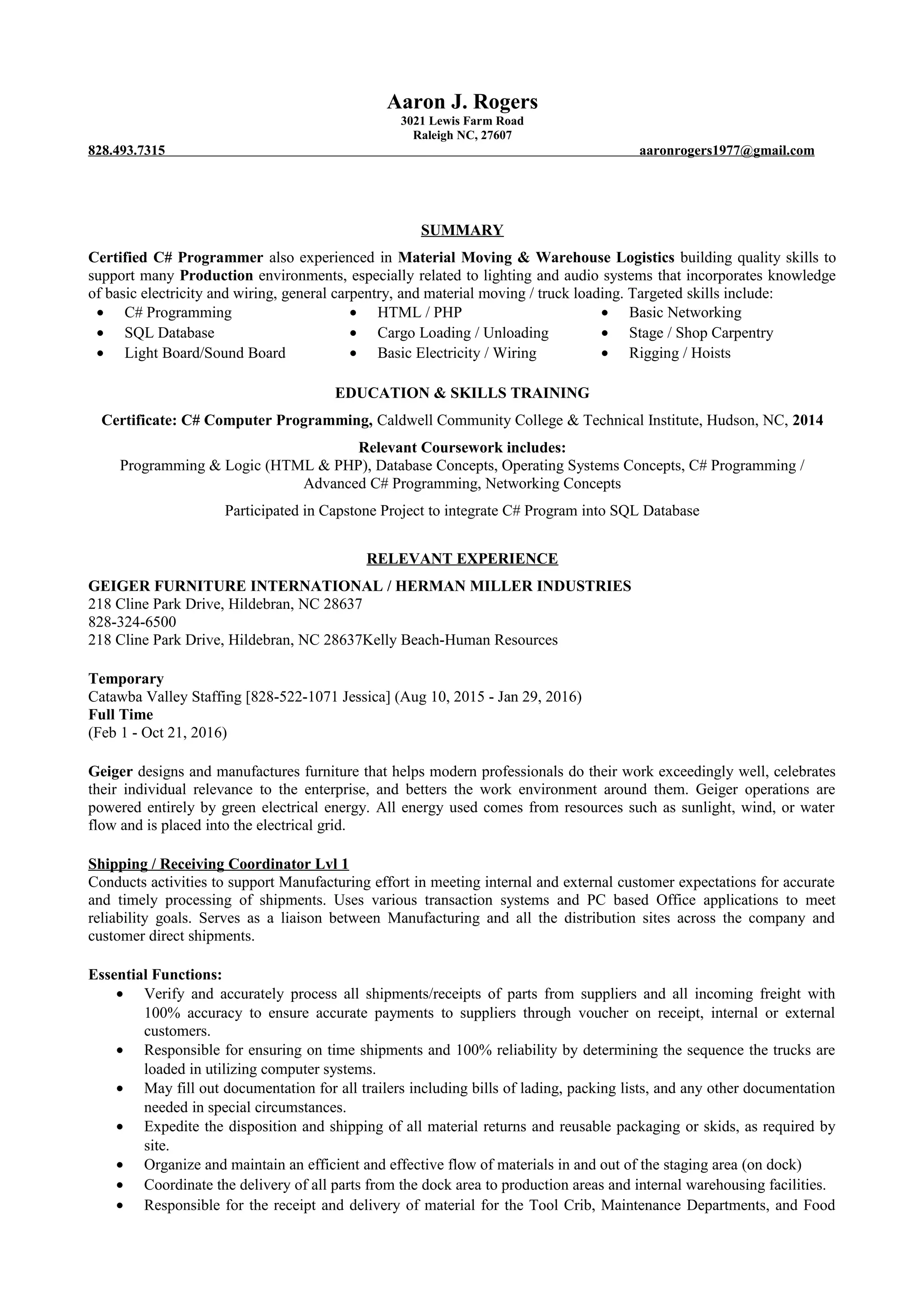 Resume aaron rogers | ODT