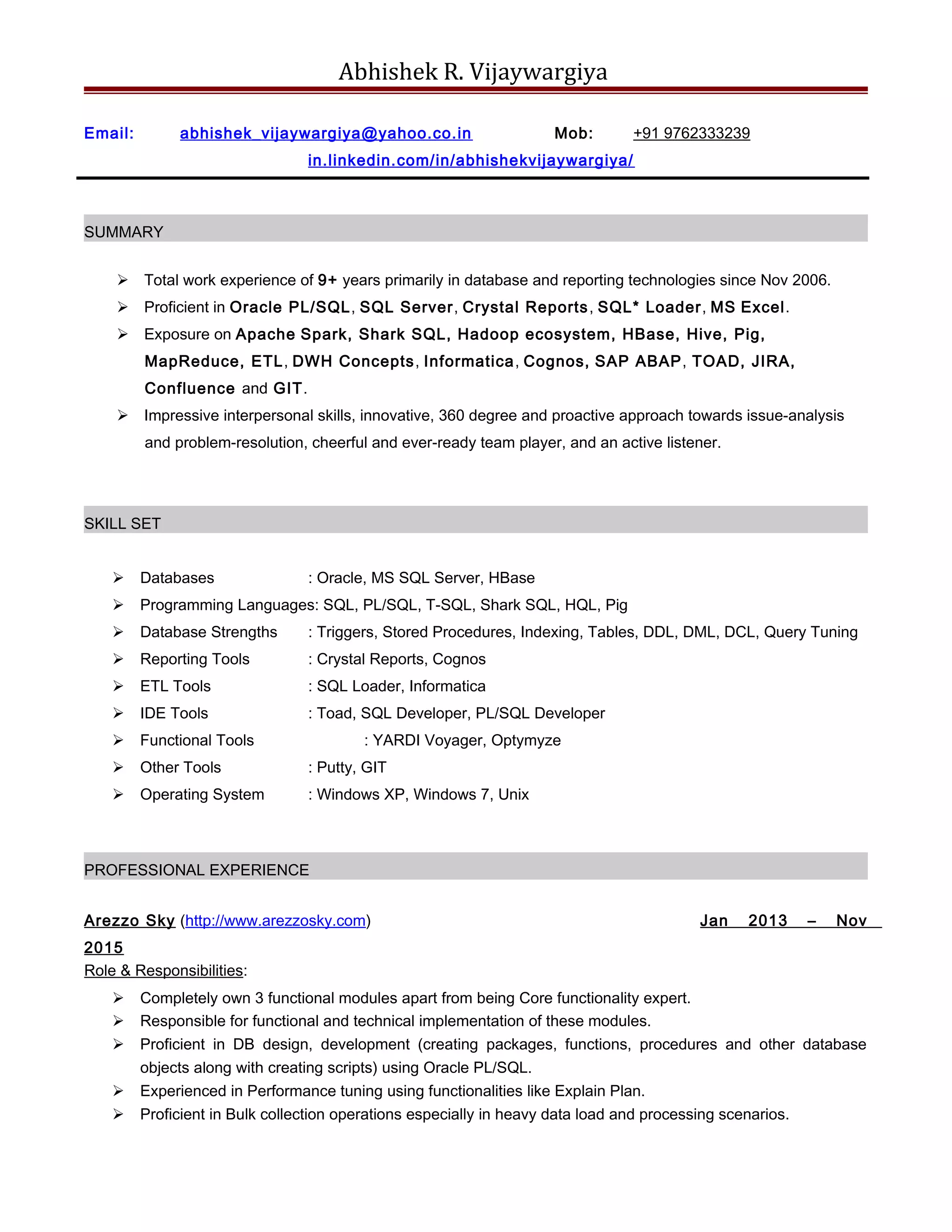 Resume Abhishek Vijaywargiya: Database Developer with 9 years of ...