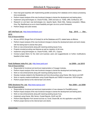 Resume Abhishek Vijaywargiya: Database Developer with 9 years of ...