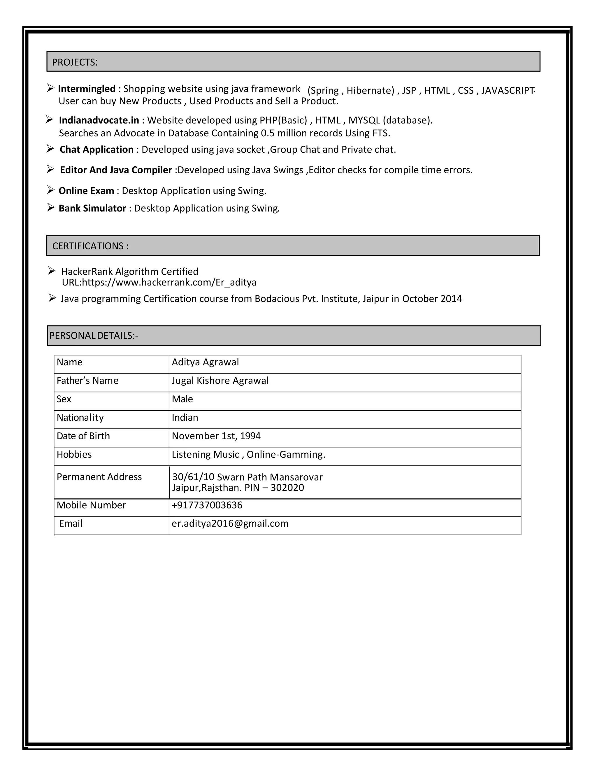 Java Freshers Resume Aditya Agrawal | PDF | Programming Languages | Computing