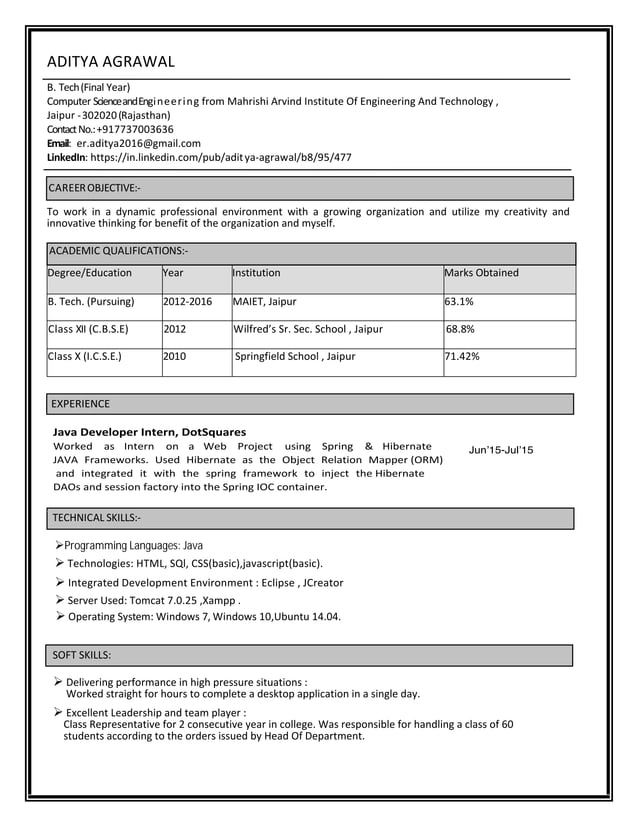 Java Freshers Resume Aditya Agrawal | PDF | Programming Languages ...