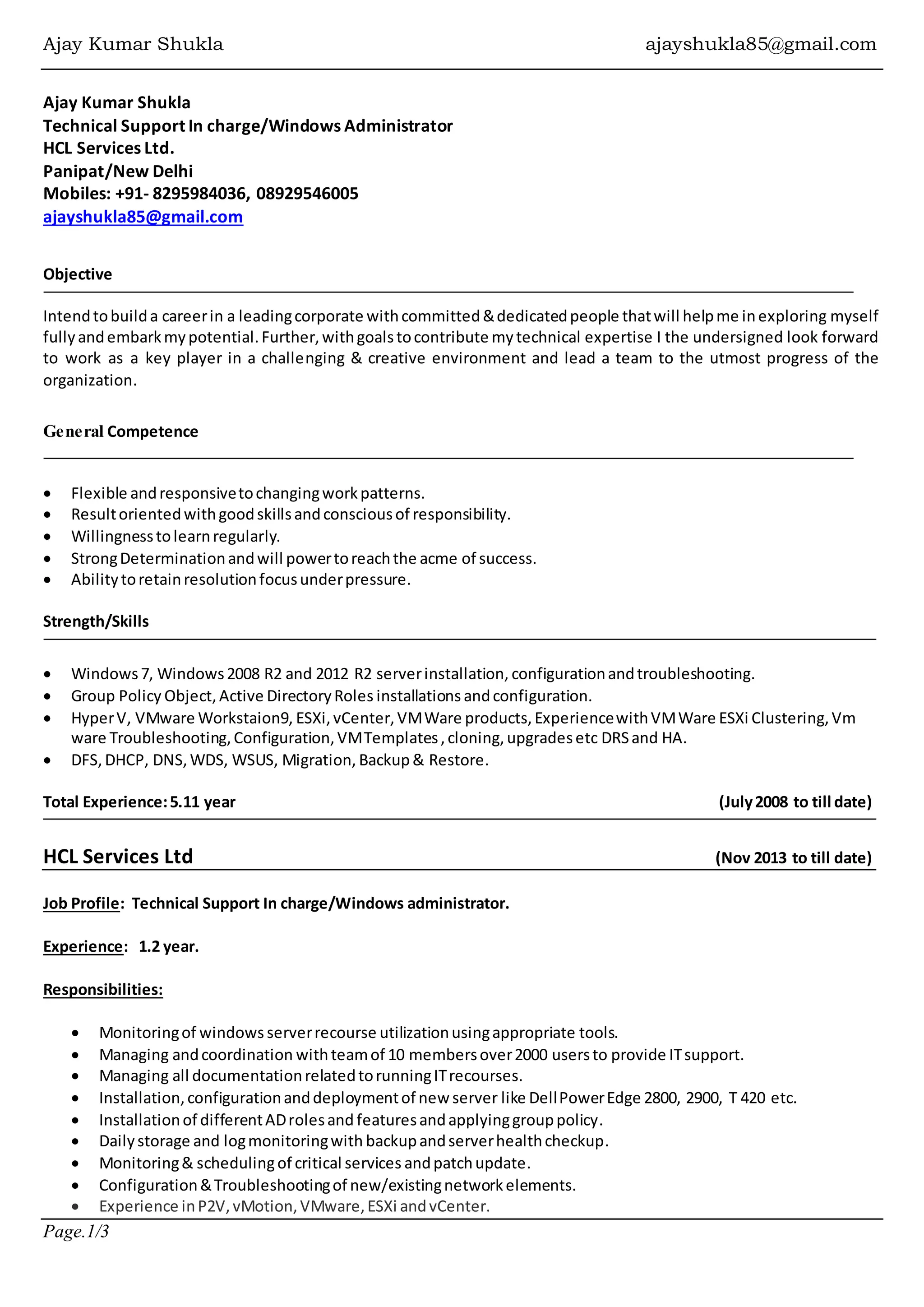 Resume ajay shukla windows server vmware admin | DOCX