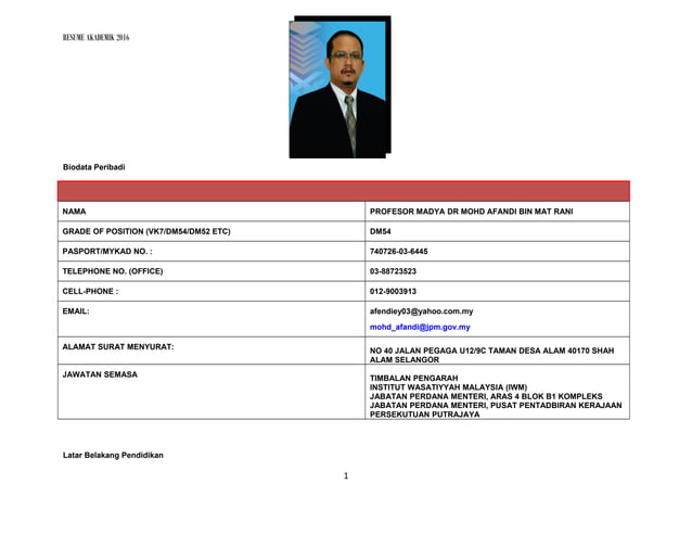 Resume Profesor Madya Dr. Mohd Afandi Bin Mat Rani | DOC