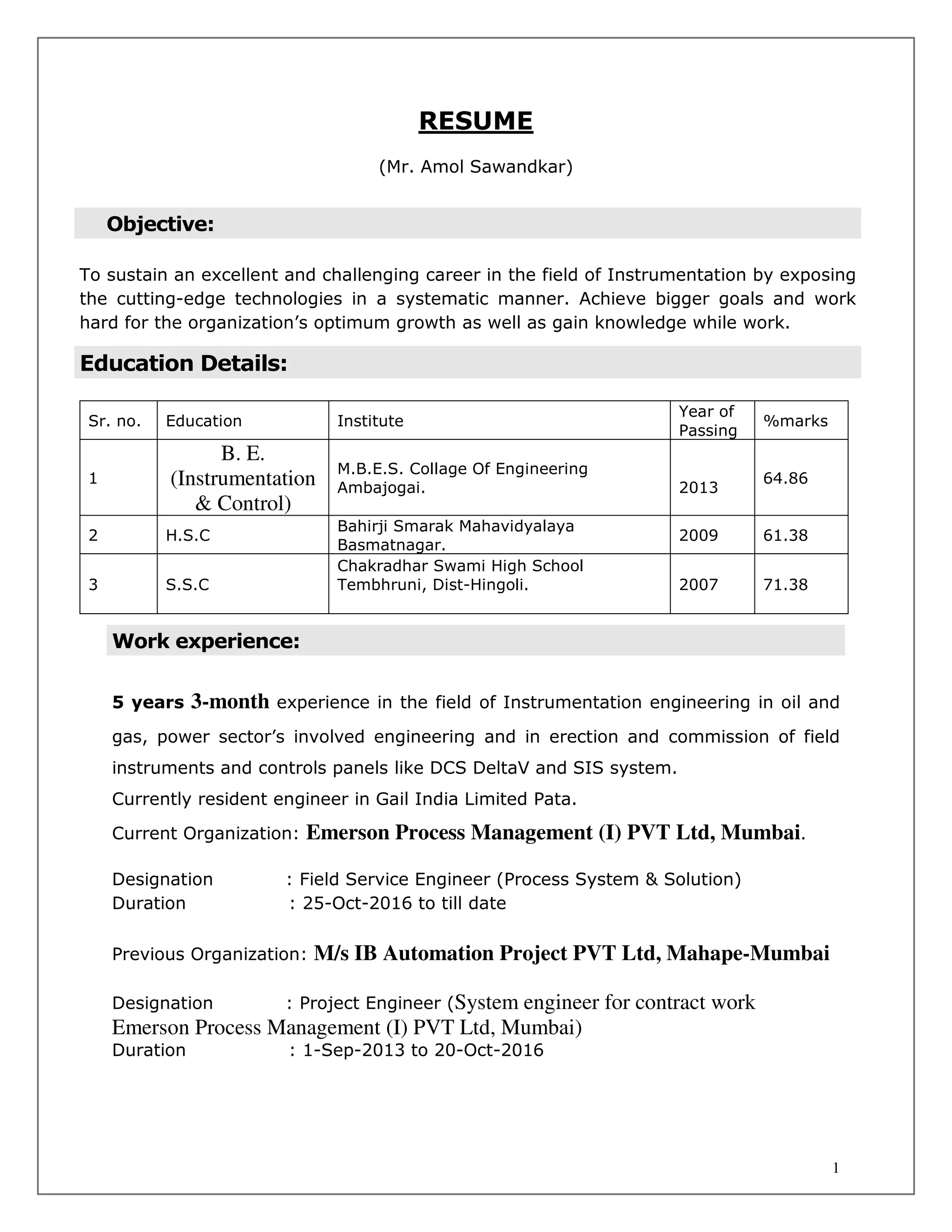 Resume_Amol Sawandkar_Instrumentation & Control | PDF