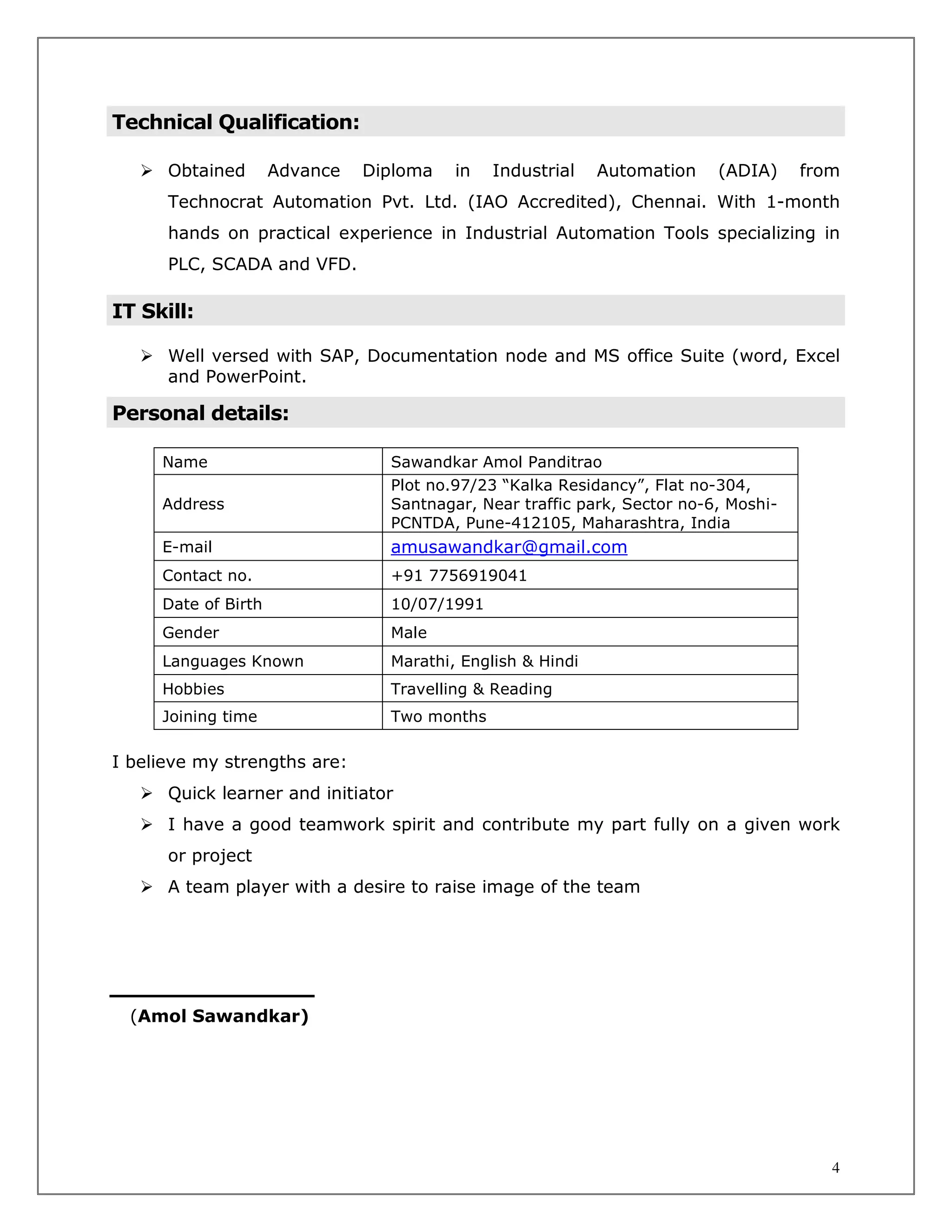 Resume_Amol Sawandkar_Instrumentation & Control | PDF