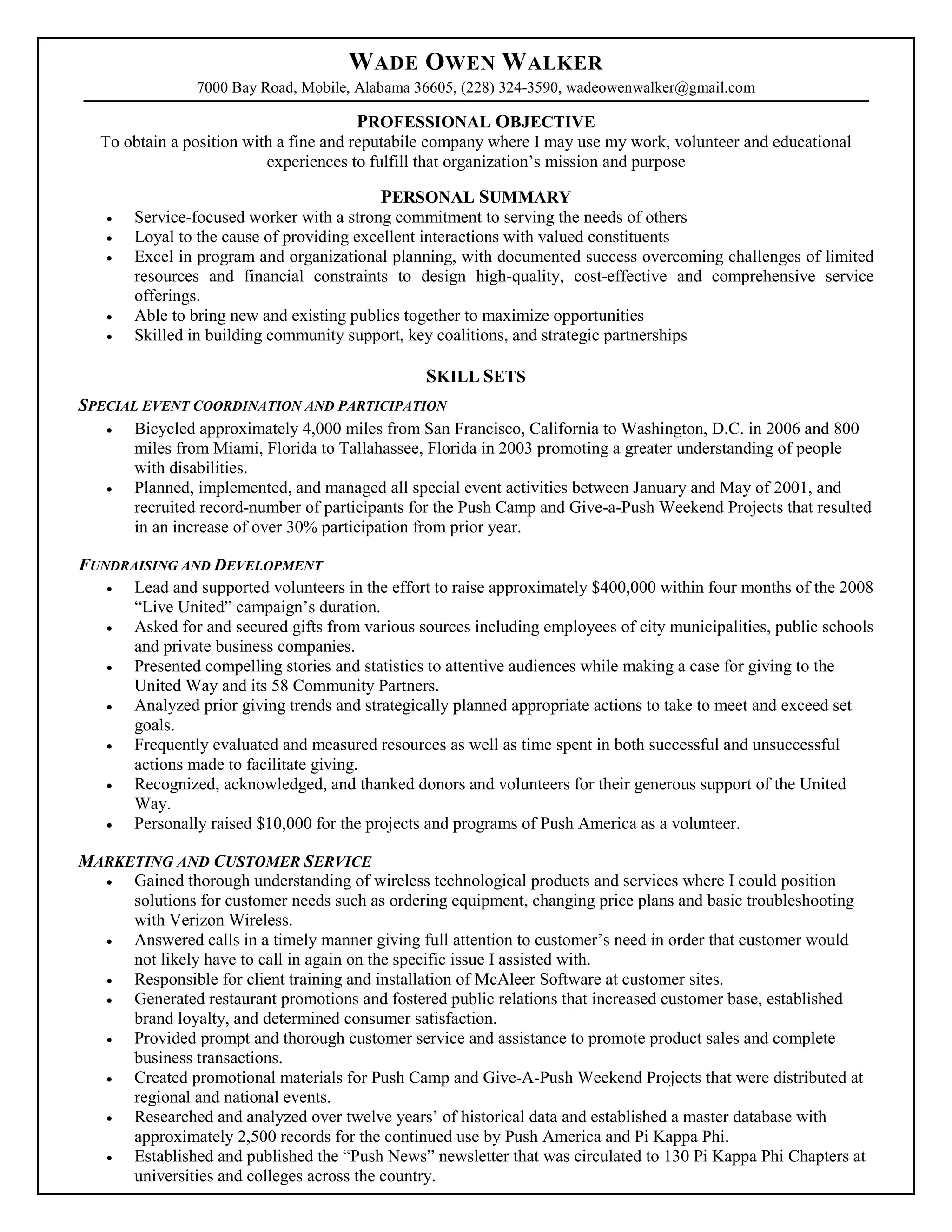 Resume and cover letter for wade walker 2010 | PDF