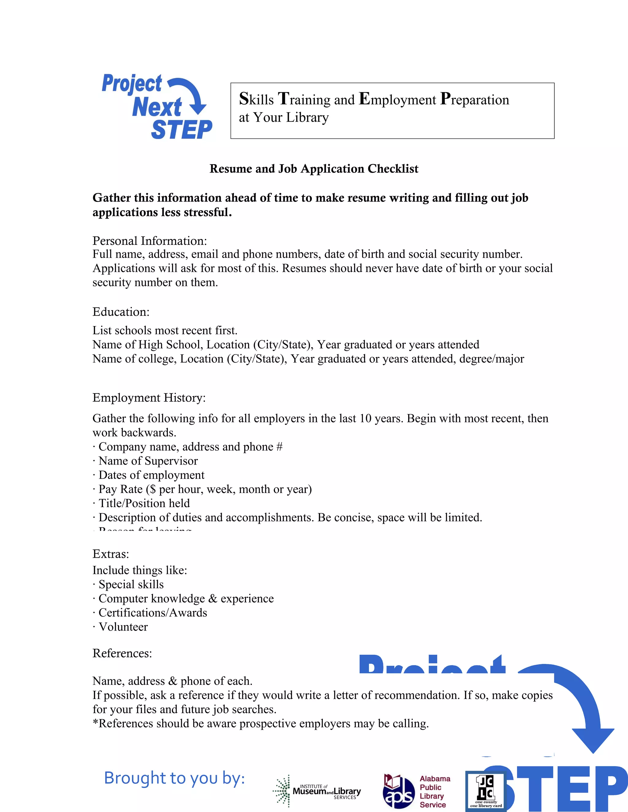 Resume and job application checklist | DOC