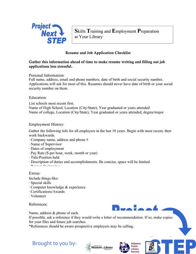 Resume and job application checklist | DOC