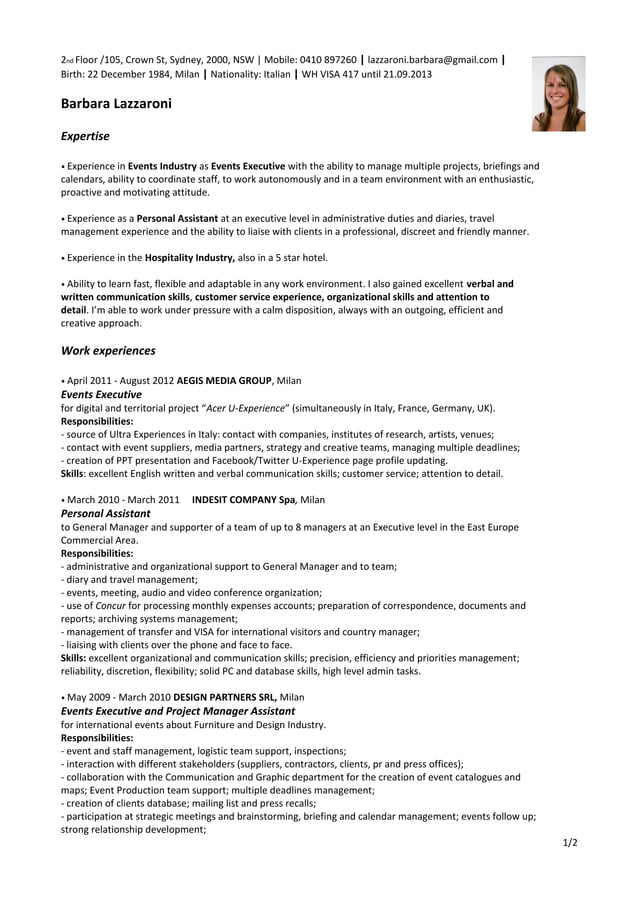 Resume Barbara Lazzaroni Events Hospitality | PDF
