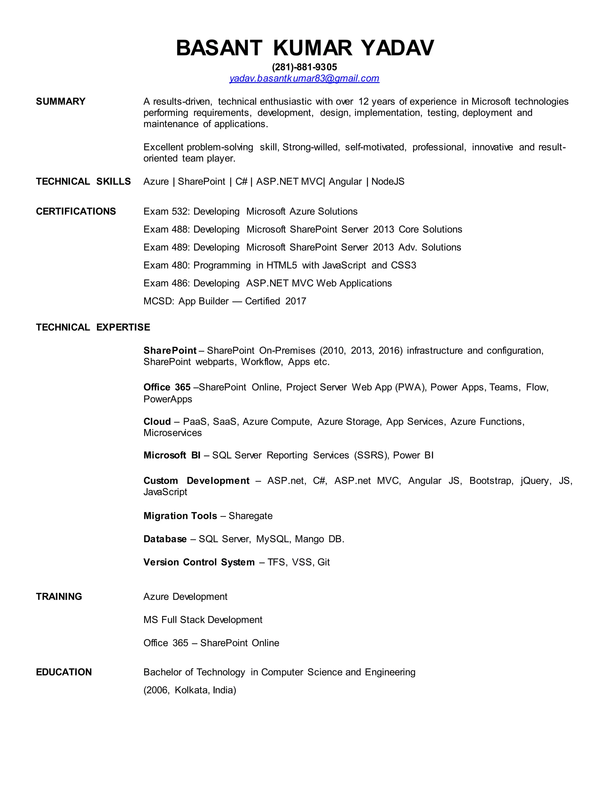 Technical Lead (Azure , SharePoint, ASP.Net ), 12+ years exp. | PDF