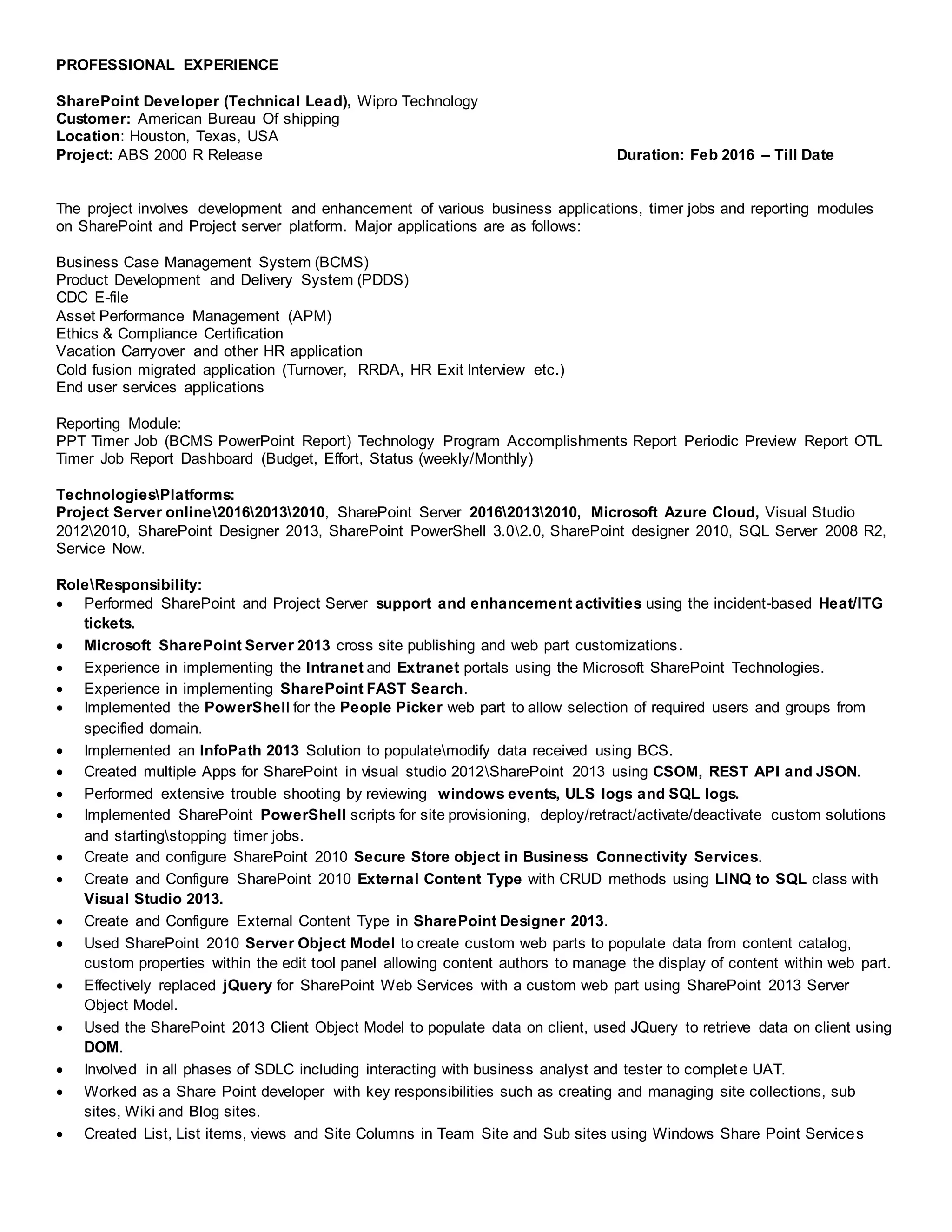 Technical Lead (Azure , SharePoint, ASP.Net ), 12+ years exp. | PDF