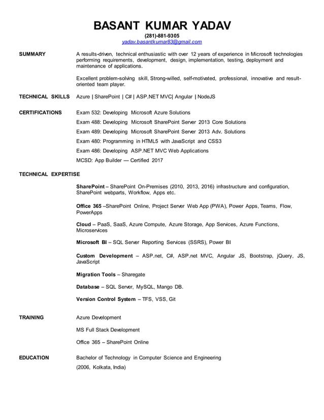 Technical Lead (Azure , SharePoint, ASP.Net ), 12+ years exp. | PDF