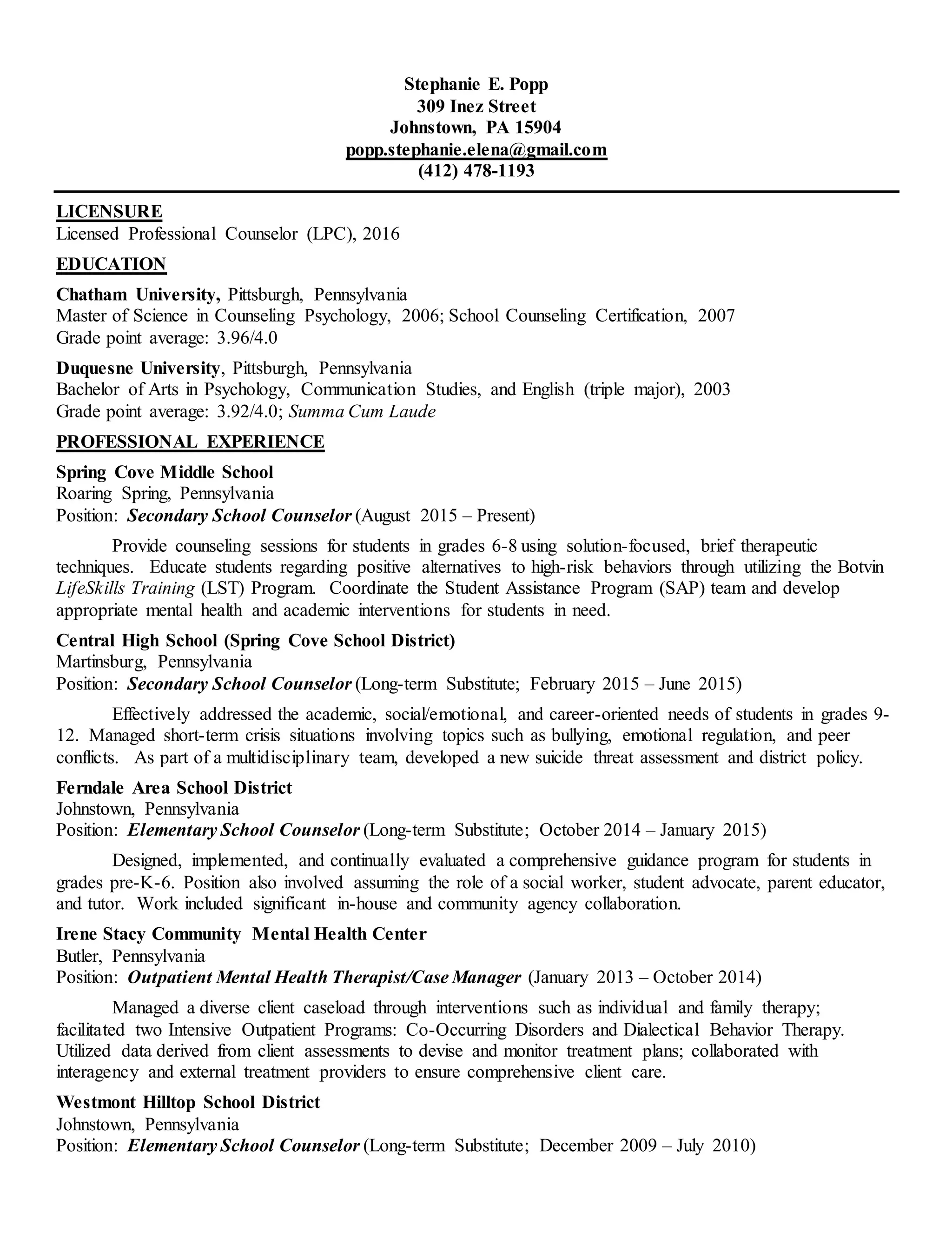 Clinical mental health resume with active licensure (LPC) | DOCX