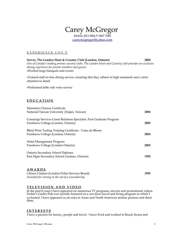 Carey McGregor resume 2012 | DOC