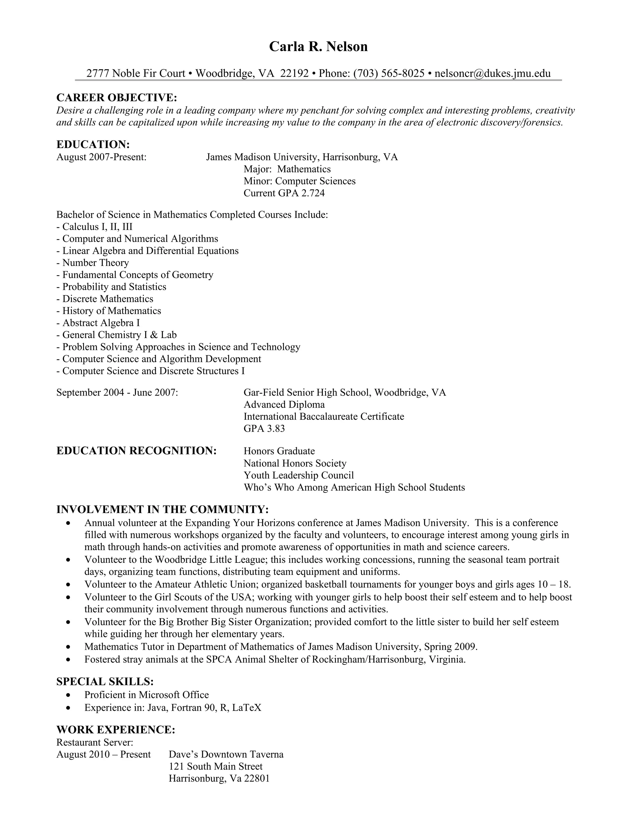 Resume Carla Rachel Nelson (Jmu 2011) | DOC | Gymnastics | Sports