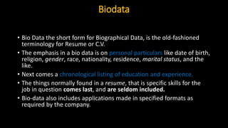 Resume, CV, Biodata preparation and interview preparation | PDF