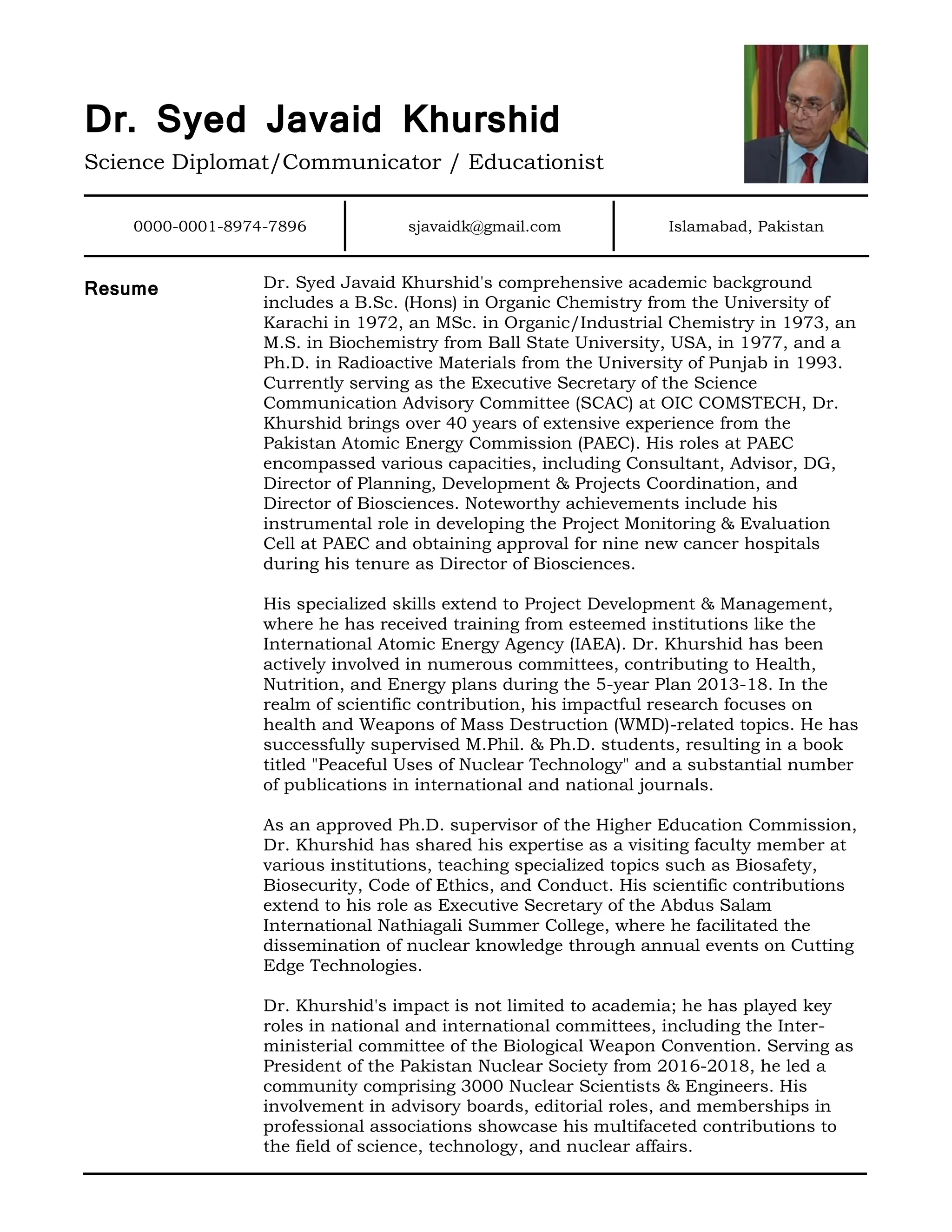 Resume and CV of Dr Syed Javaid Khurshid | PDF