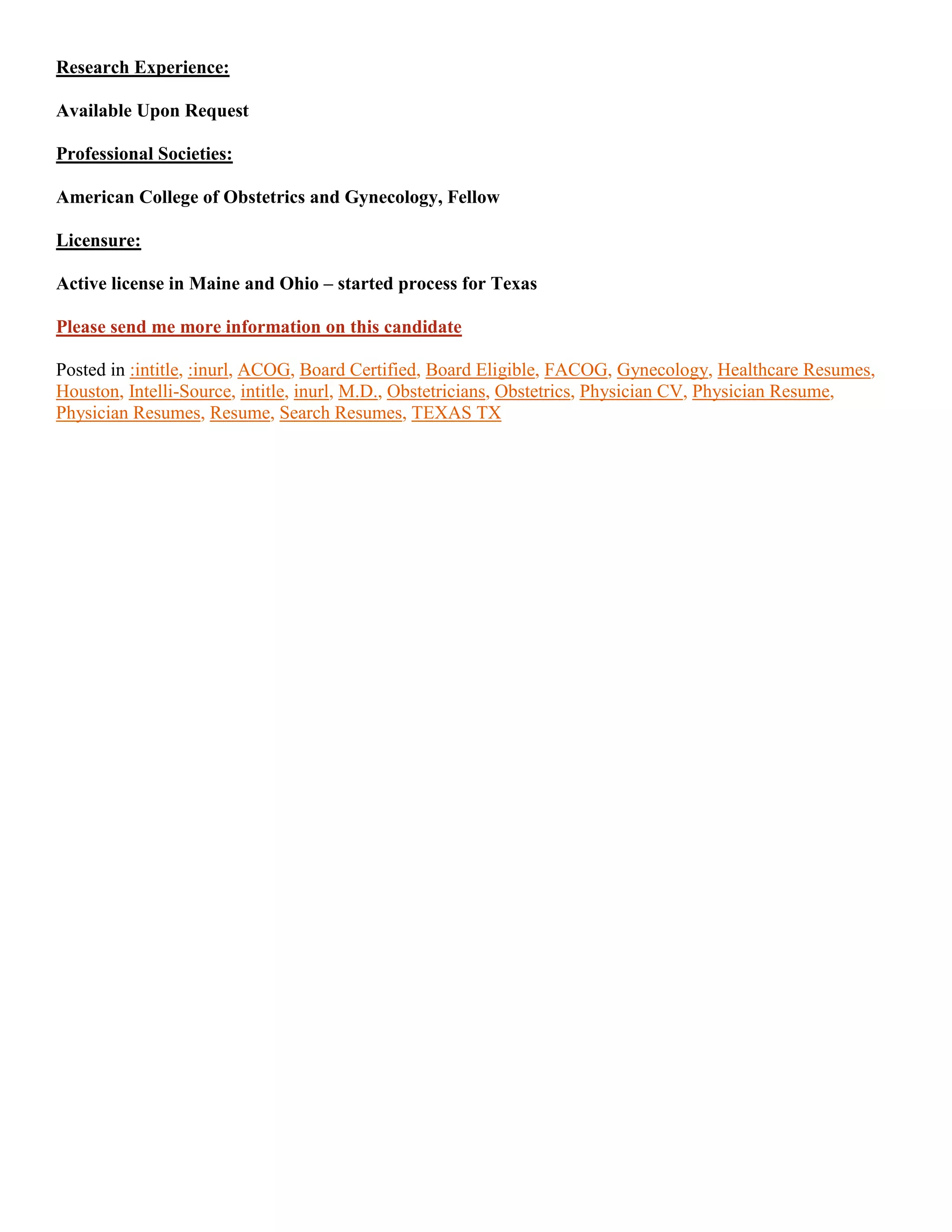 Resume CV OBGYN Physician MD Phi Beta Kappa Seeking Houston Texas Relocation | PDF