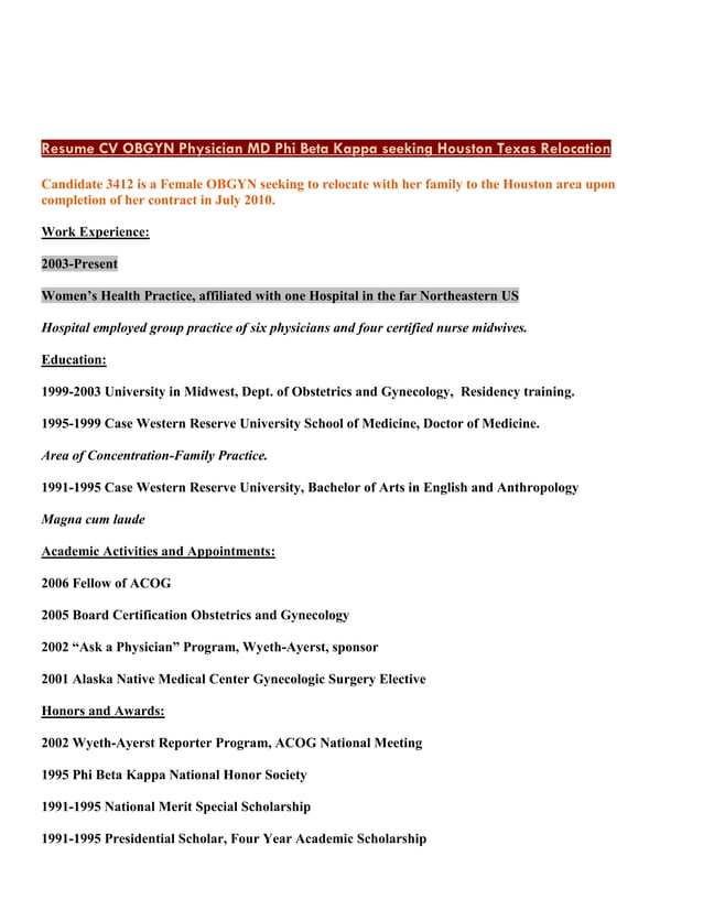 Resume CV OBGYN Physician MD Phi Beta Kappa Seeking Houston Texas ...