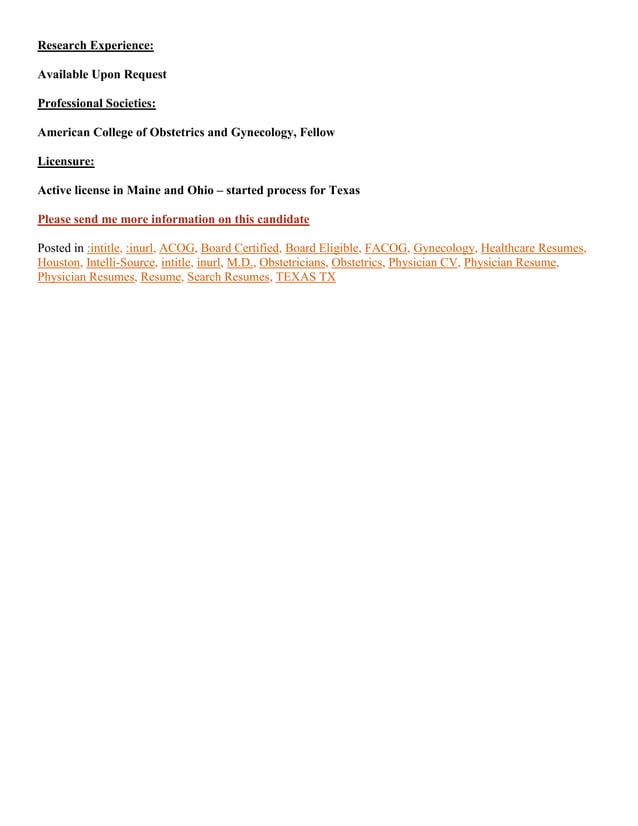 Resume CV OBGYN Physician MD Phi Beta Kappa Seeking Houston Texas ...