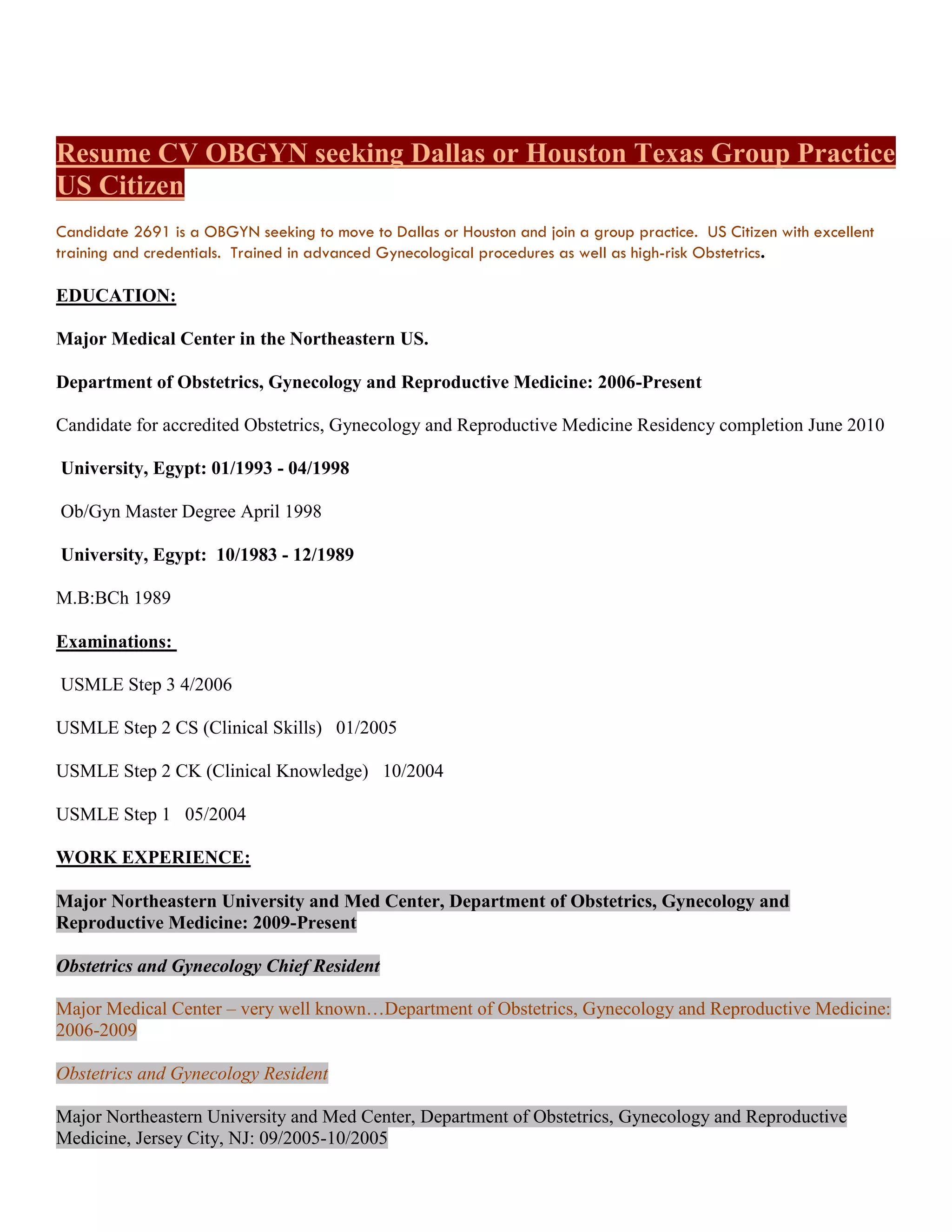 Resume CV OBGYN Physician Seeking Dallas or Houston Texas Group ...