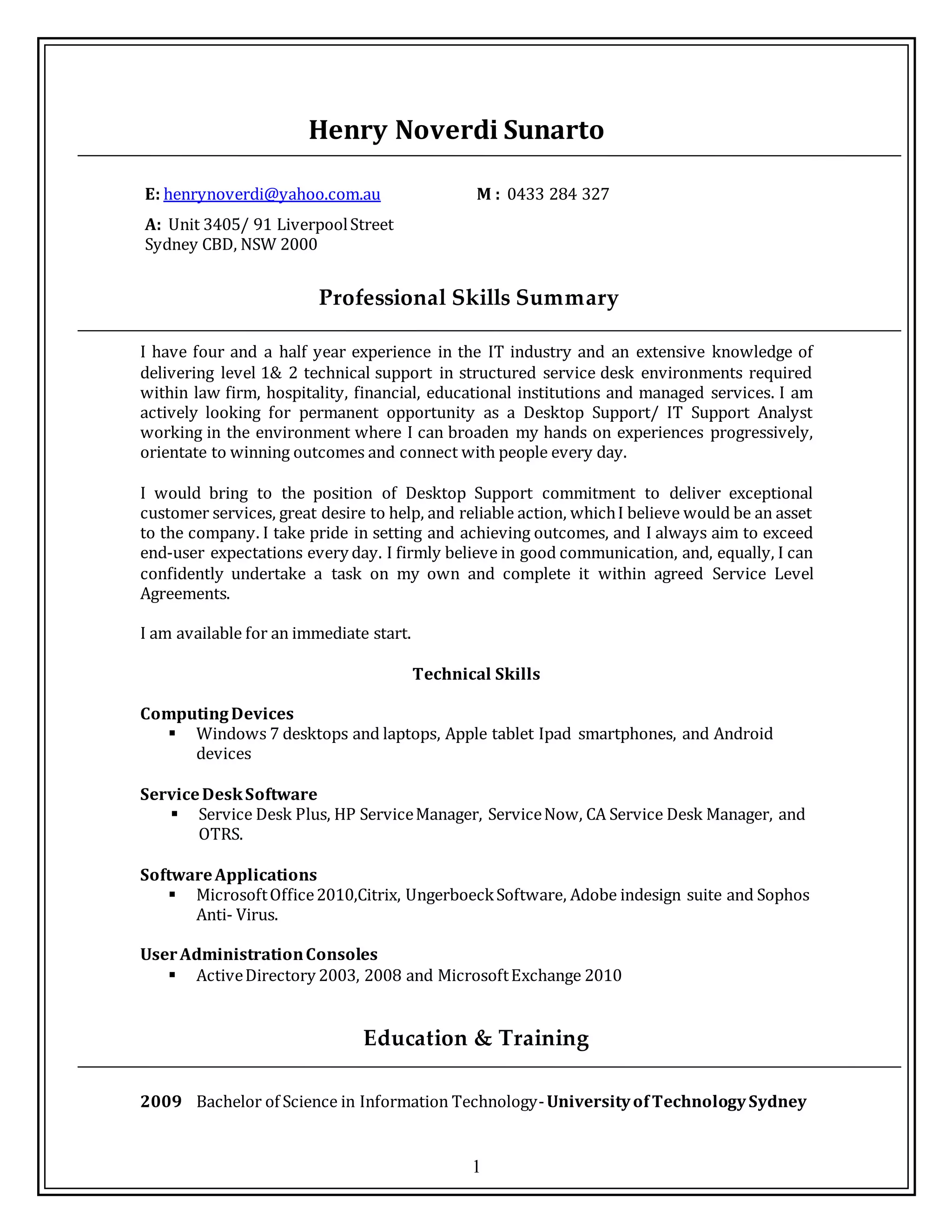 Resume desktop support 2016 | DOCX