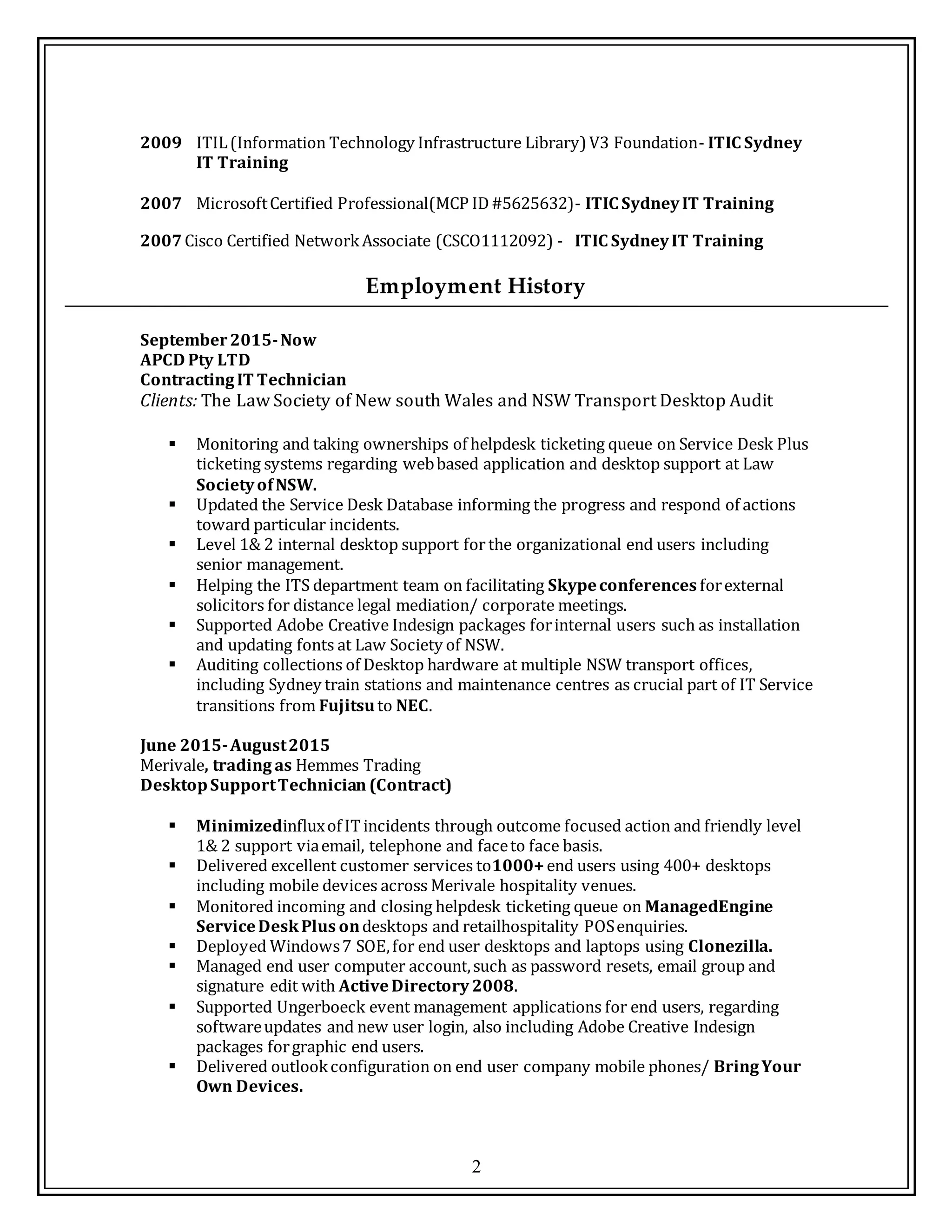 Resume desktop support 2016 | DOCX