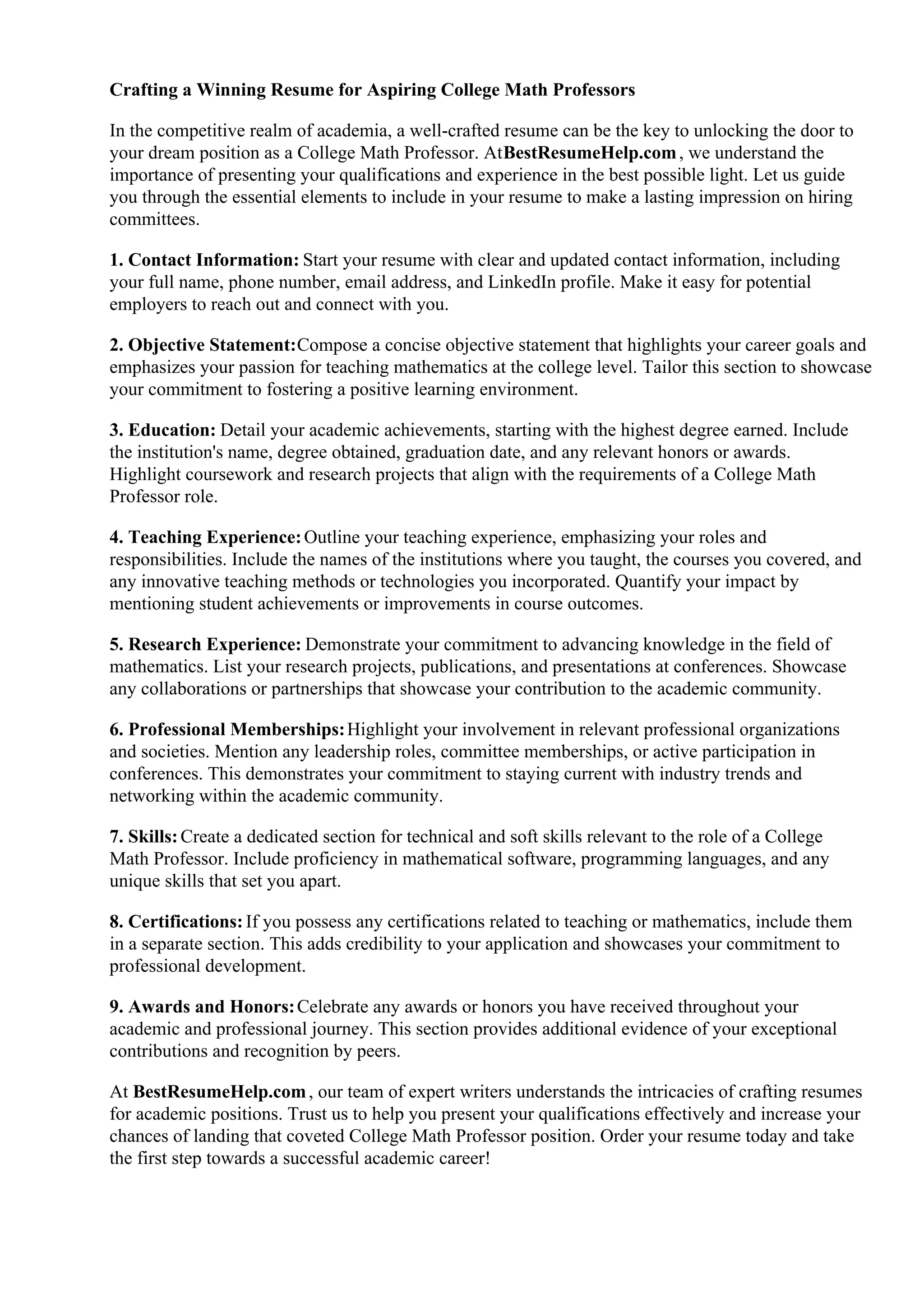 Resume For College Math Professor | PDF