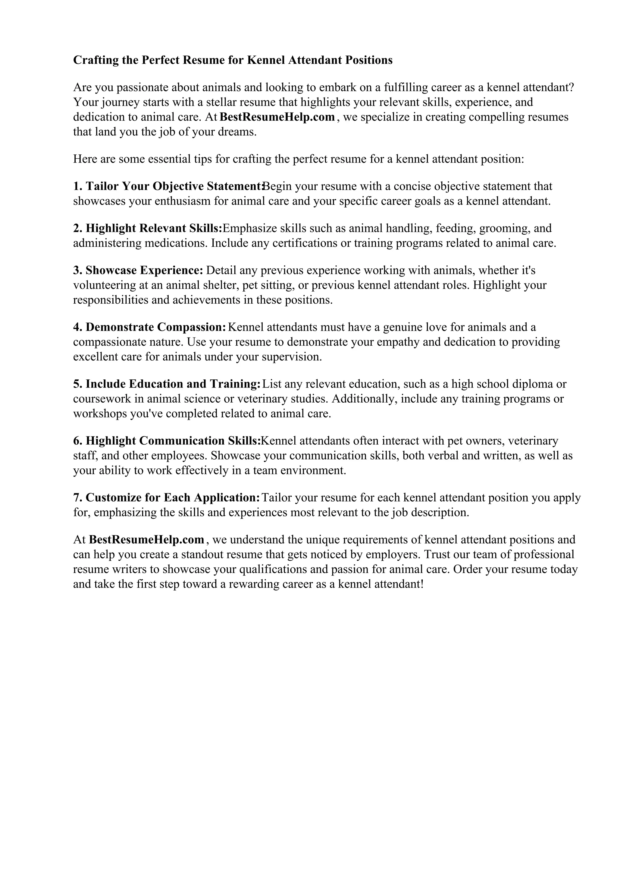 Resume For Kennel Attendant. At BestResumeHelp.com