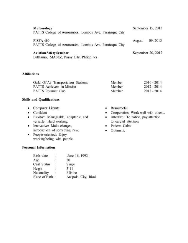 Resume for ojt / work | DOCX | Professional School | Postgraduate Education