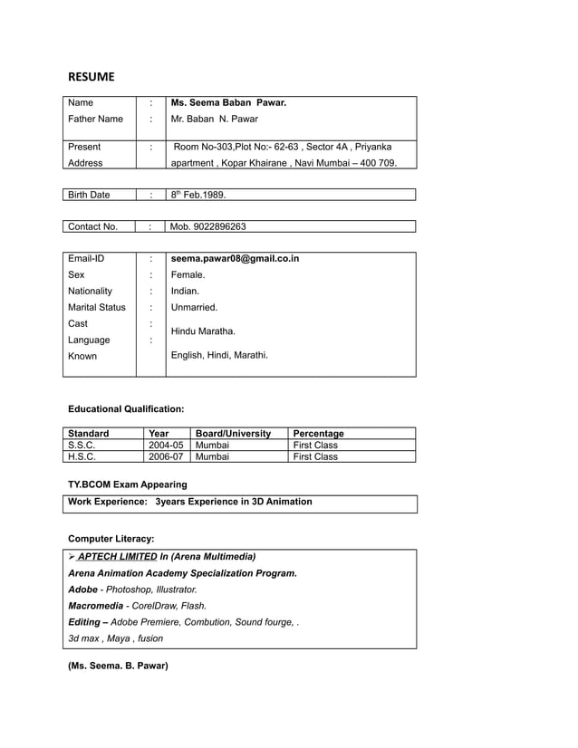 Resume for seema pawar | DOC