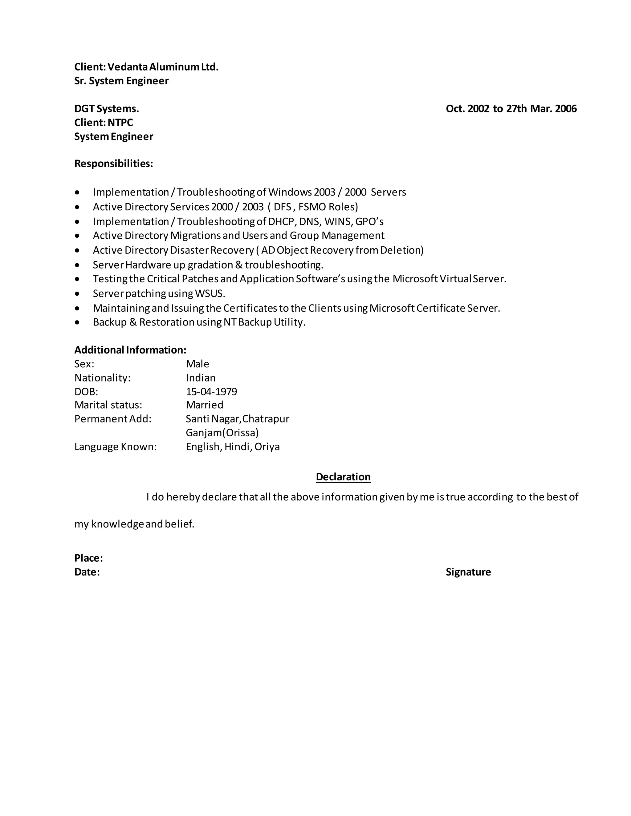 Resume for Wintel Administrator | DOCX