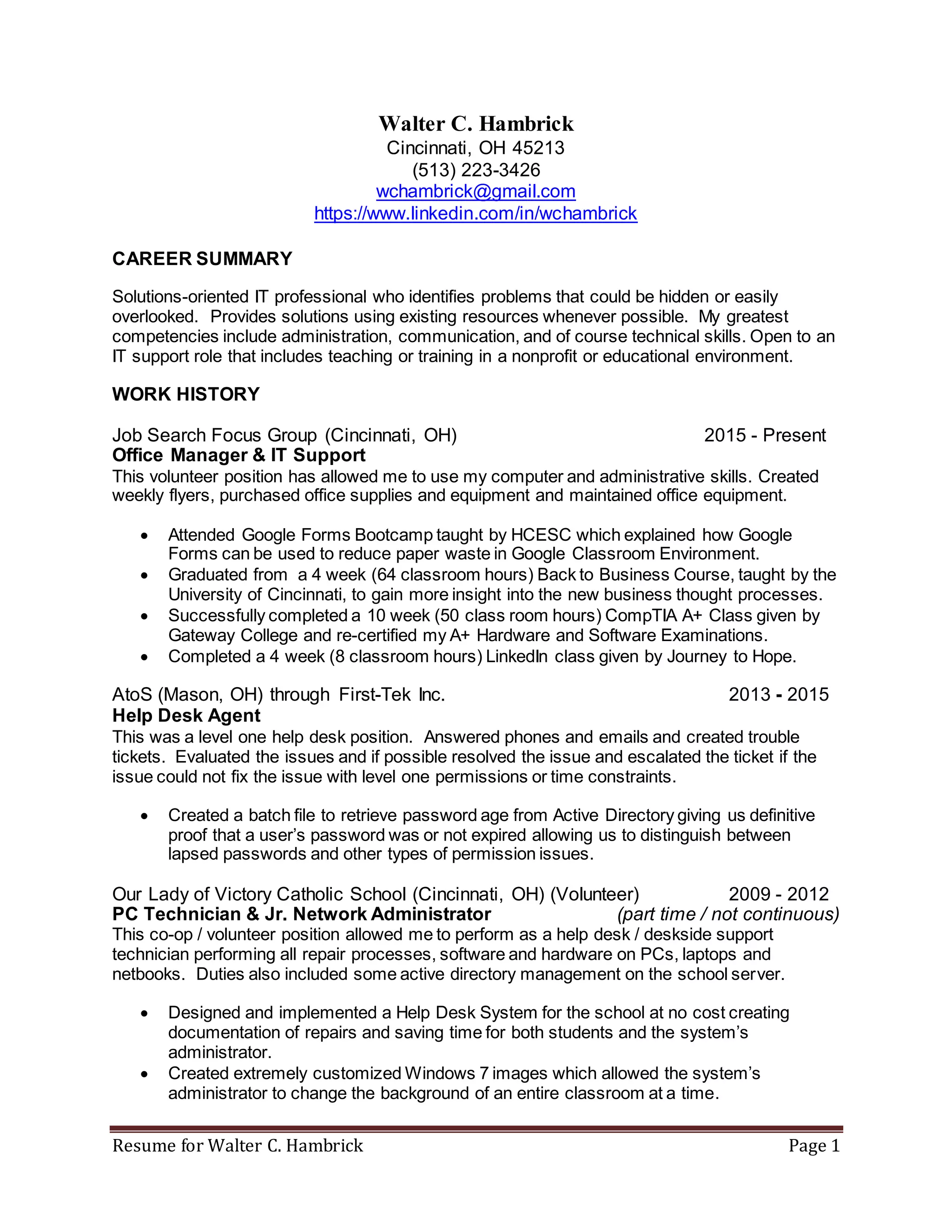 Resume for walter c. hambrick november 2016 v2 | PDF