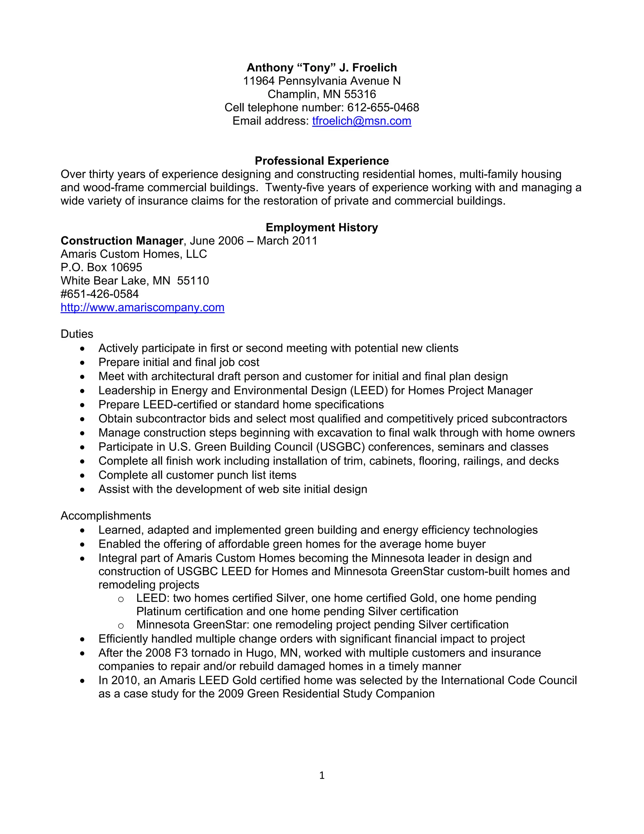 Resume Froelich, Anthony Construction Management | PDF