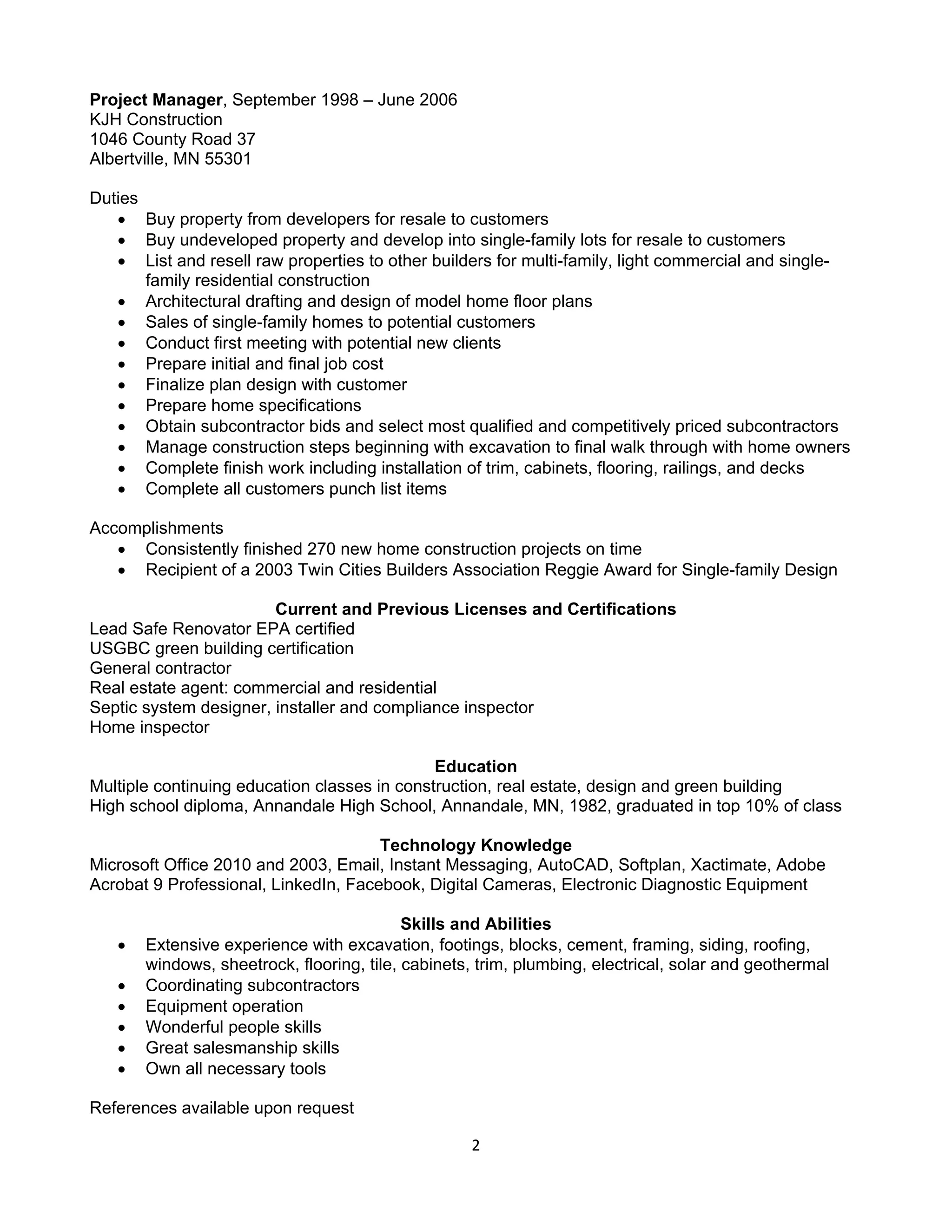Resume Froelich, Anthony Construction Management | PDF