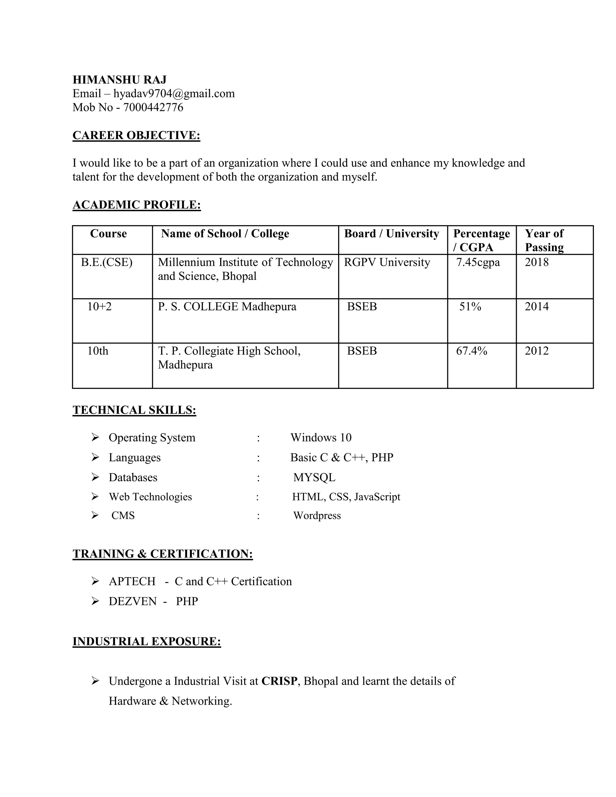 Resume of himanshu (Computer Science Engineer) Fresher | PDF