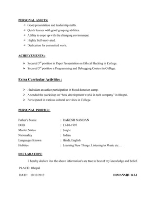 Resume of himanshu (Computer Science Engineer) Fresher | PDF
