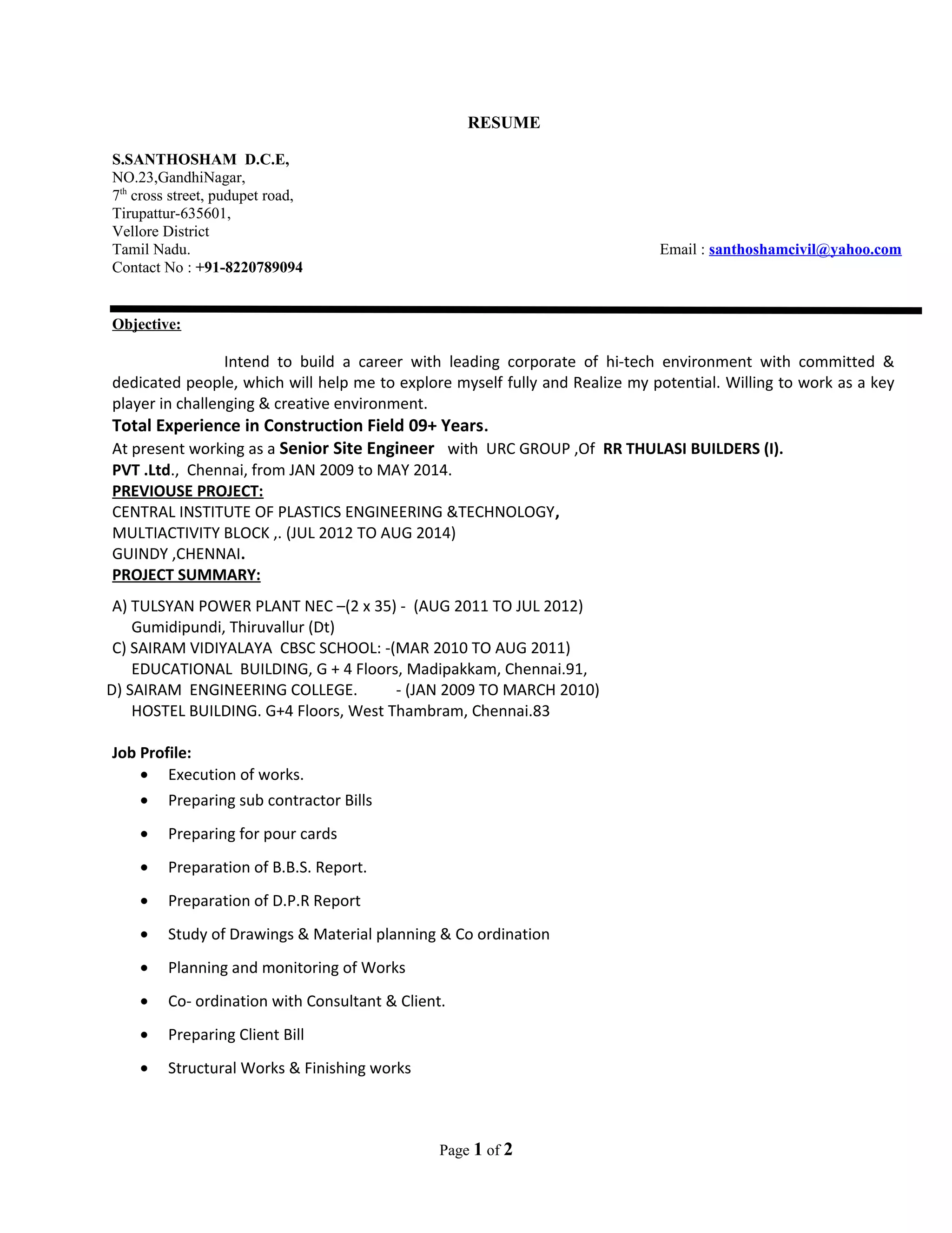 Resume in civil engg | DOC