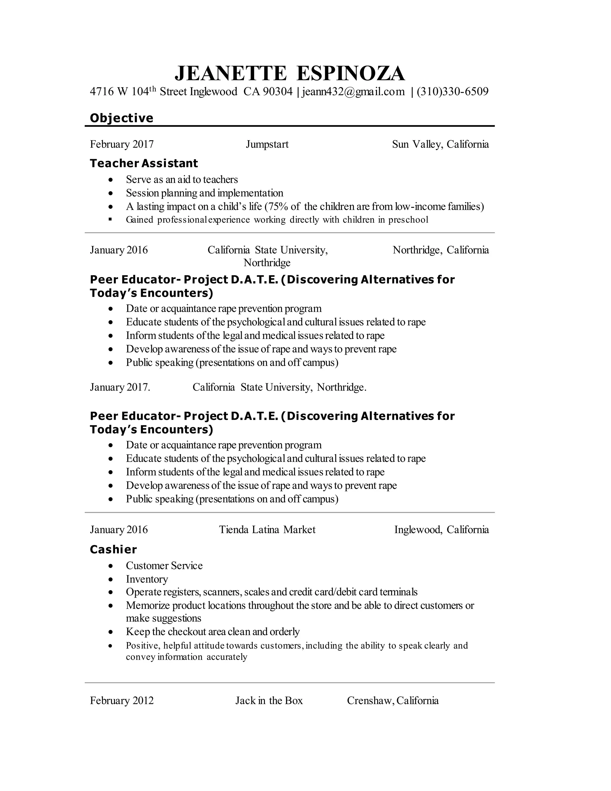 Resume jeanette espinoza 2 | PDF