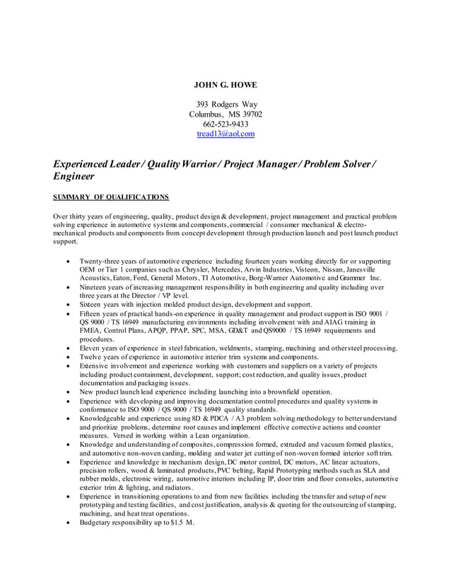 Resume john howe_r25_2-18-17 | DOCX | Automotive Industry | Industries