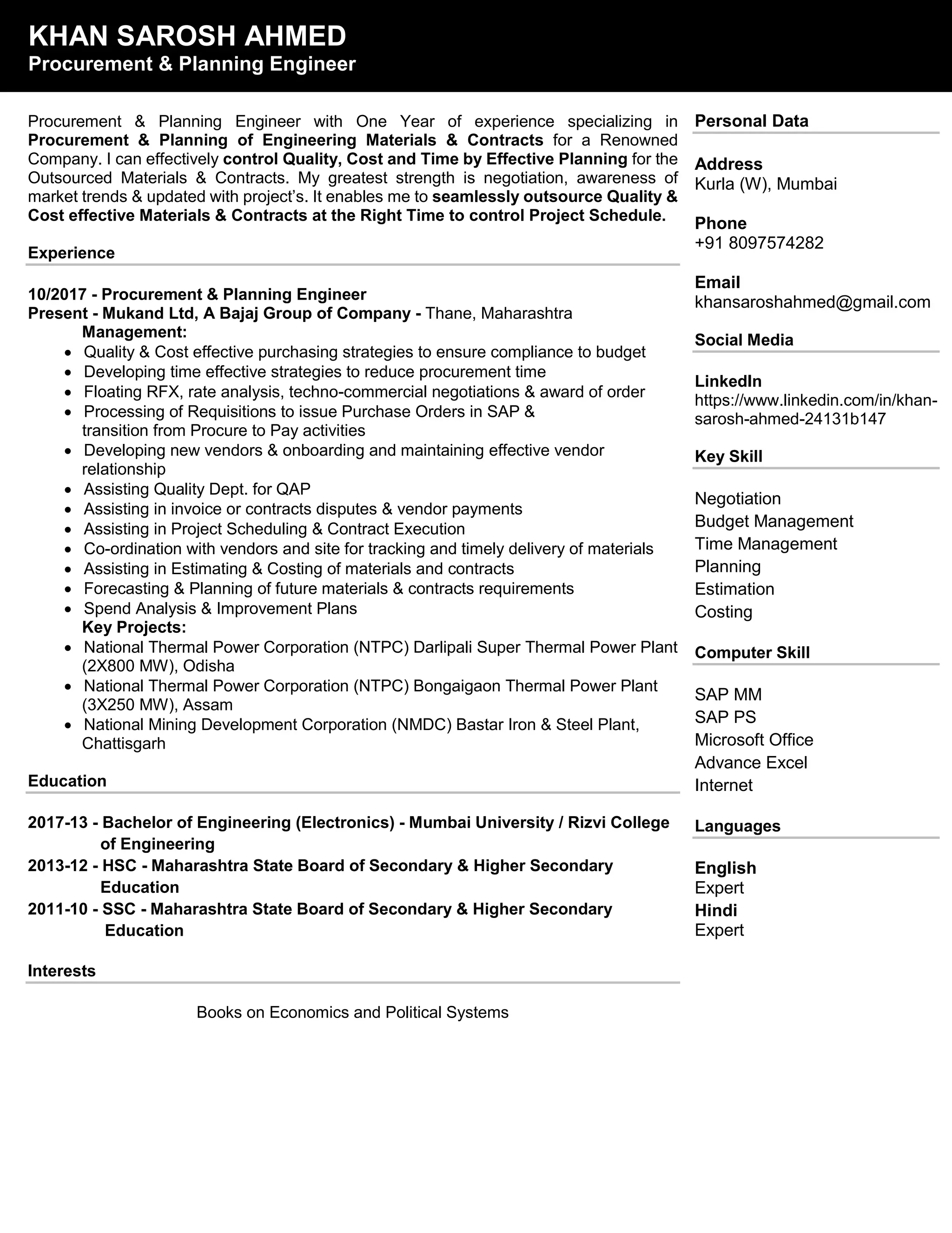 Resume khan sarosh ahmed | PDF